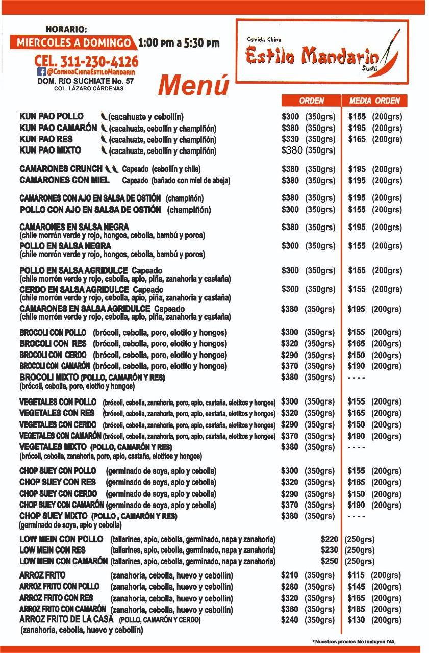Menu at Comida china estilo mandarín Martín restaurant, Tepic