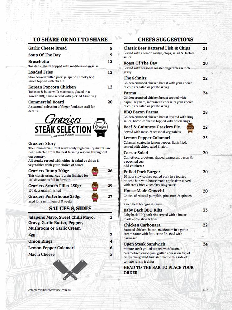 Menu at Commercial Hotel pub & bar, Werribee