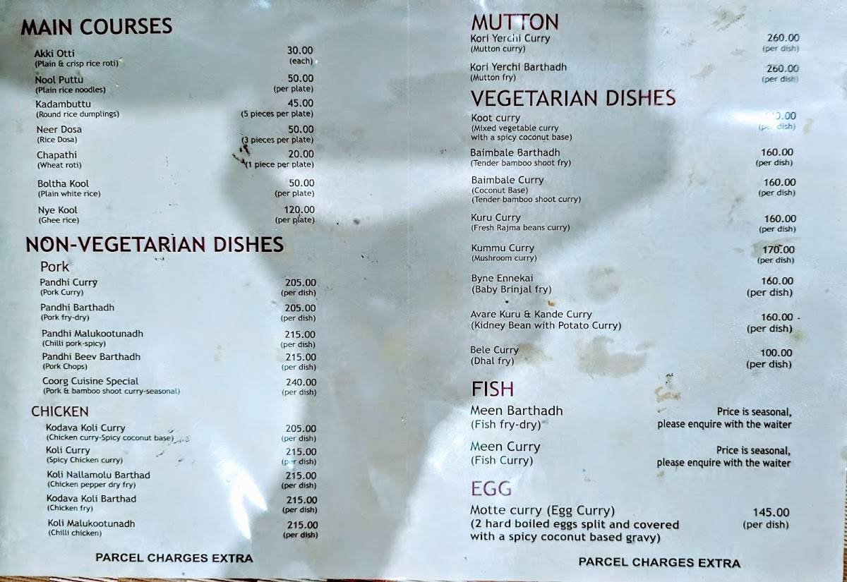 Menu at Coorg Cuisine, Madikeri