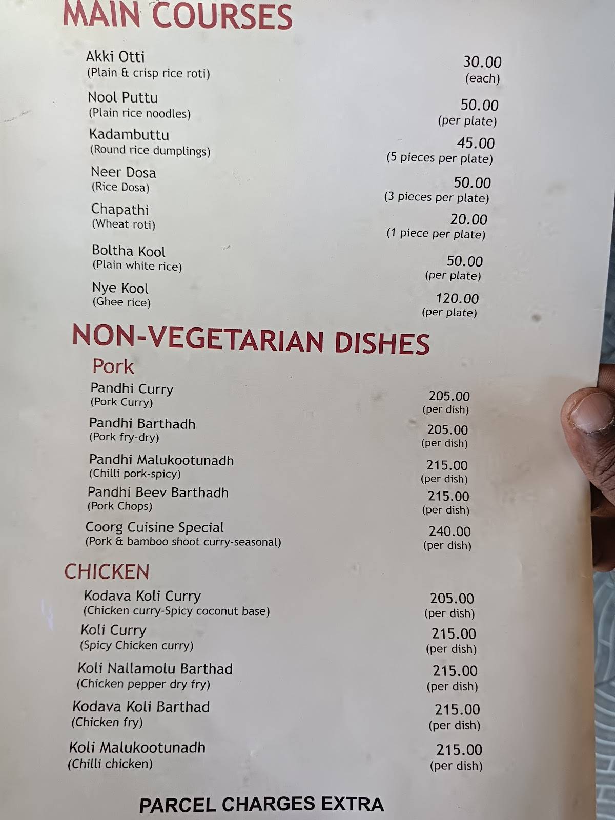 Menu at Coorg Cuisine, Madikeri