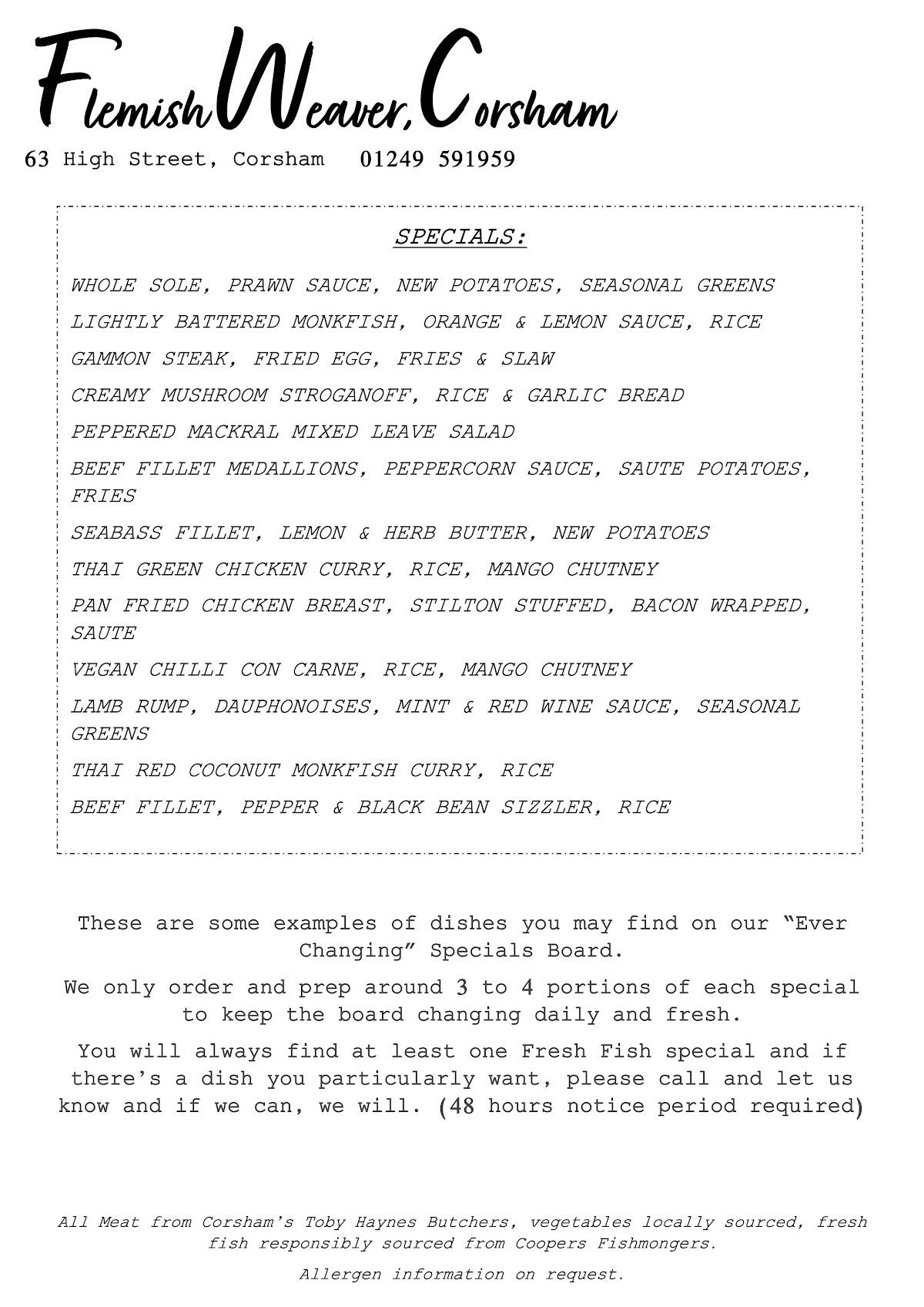 Menu at The Flemish Weaver pub & bar, Corsham, 63 High St