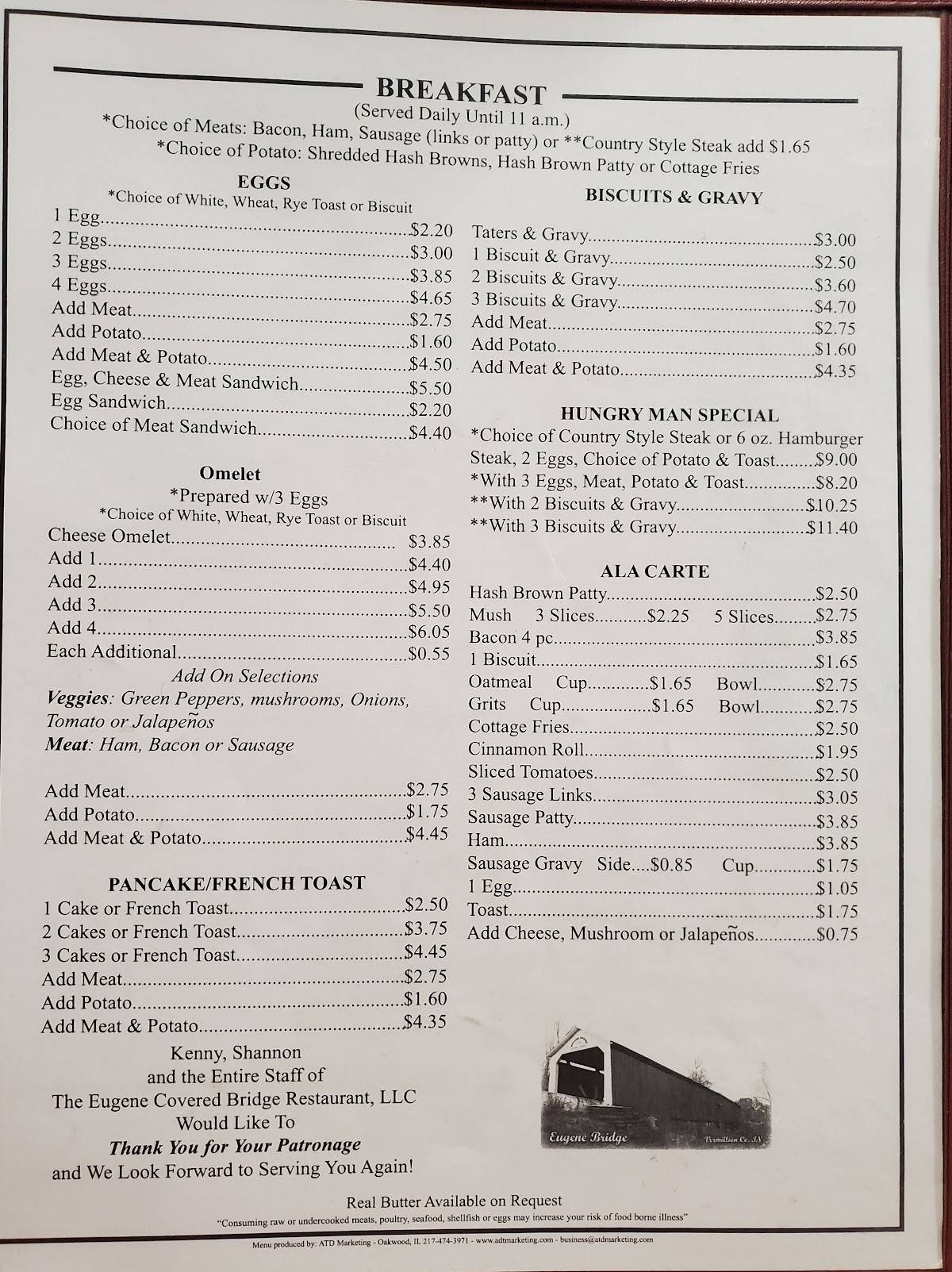 Menu at Covered Bridge Restaurant, Cayuga