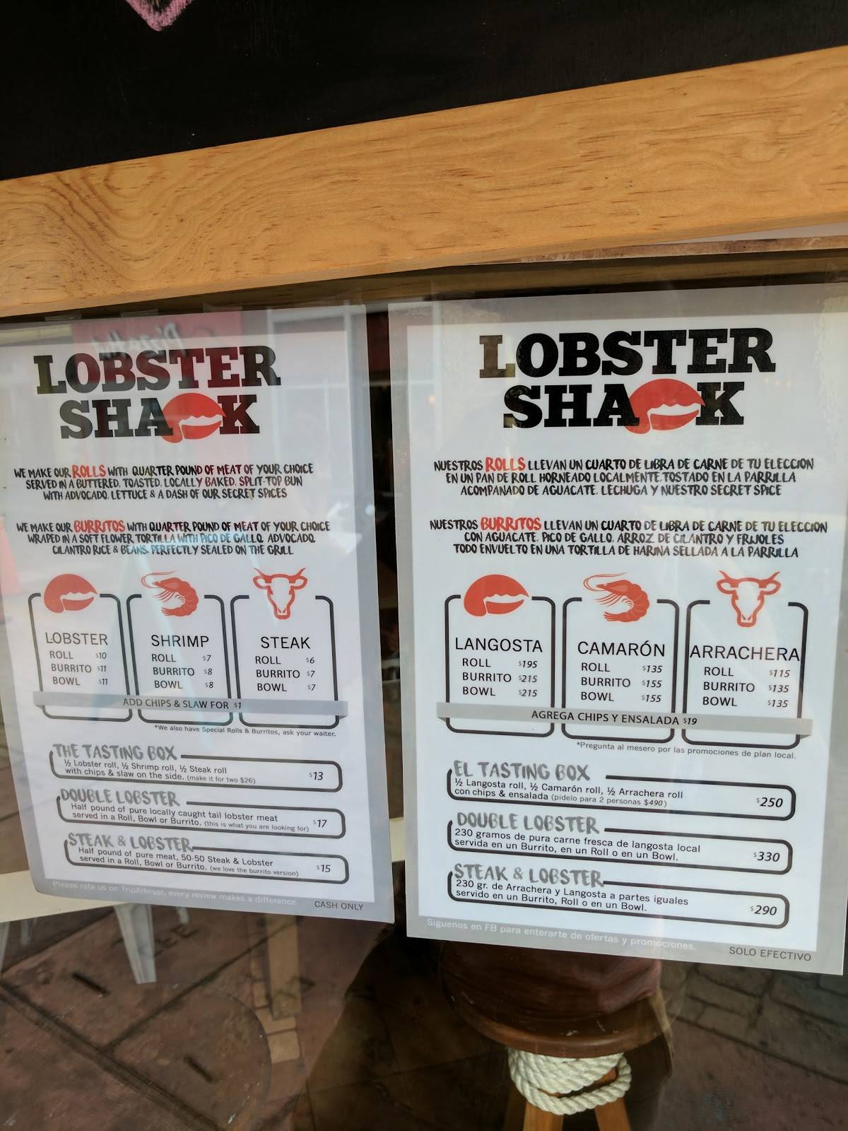 Menu at Lobster Shack restaurant, San Miguel de Cozumel