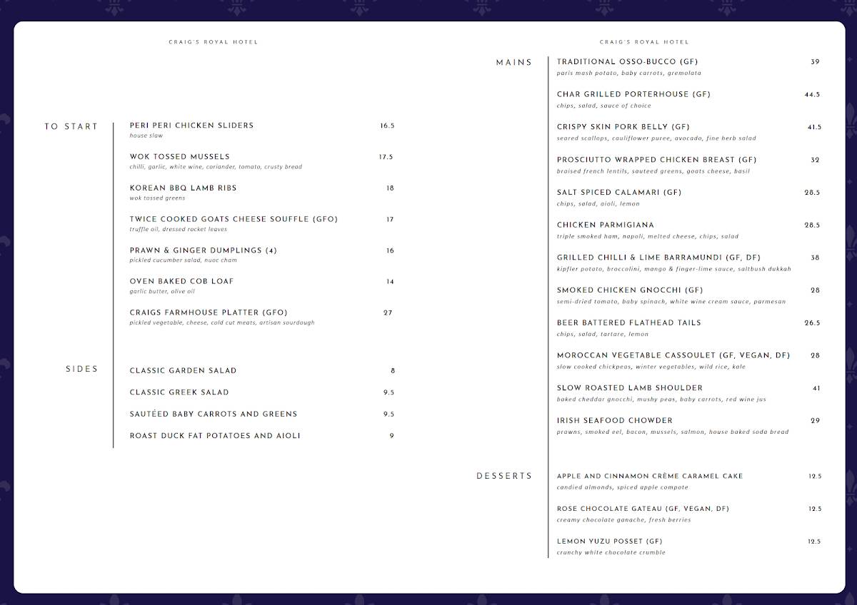 Menu at Craig's Royal Hotel pub & bar, Ballarat Central