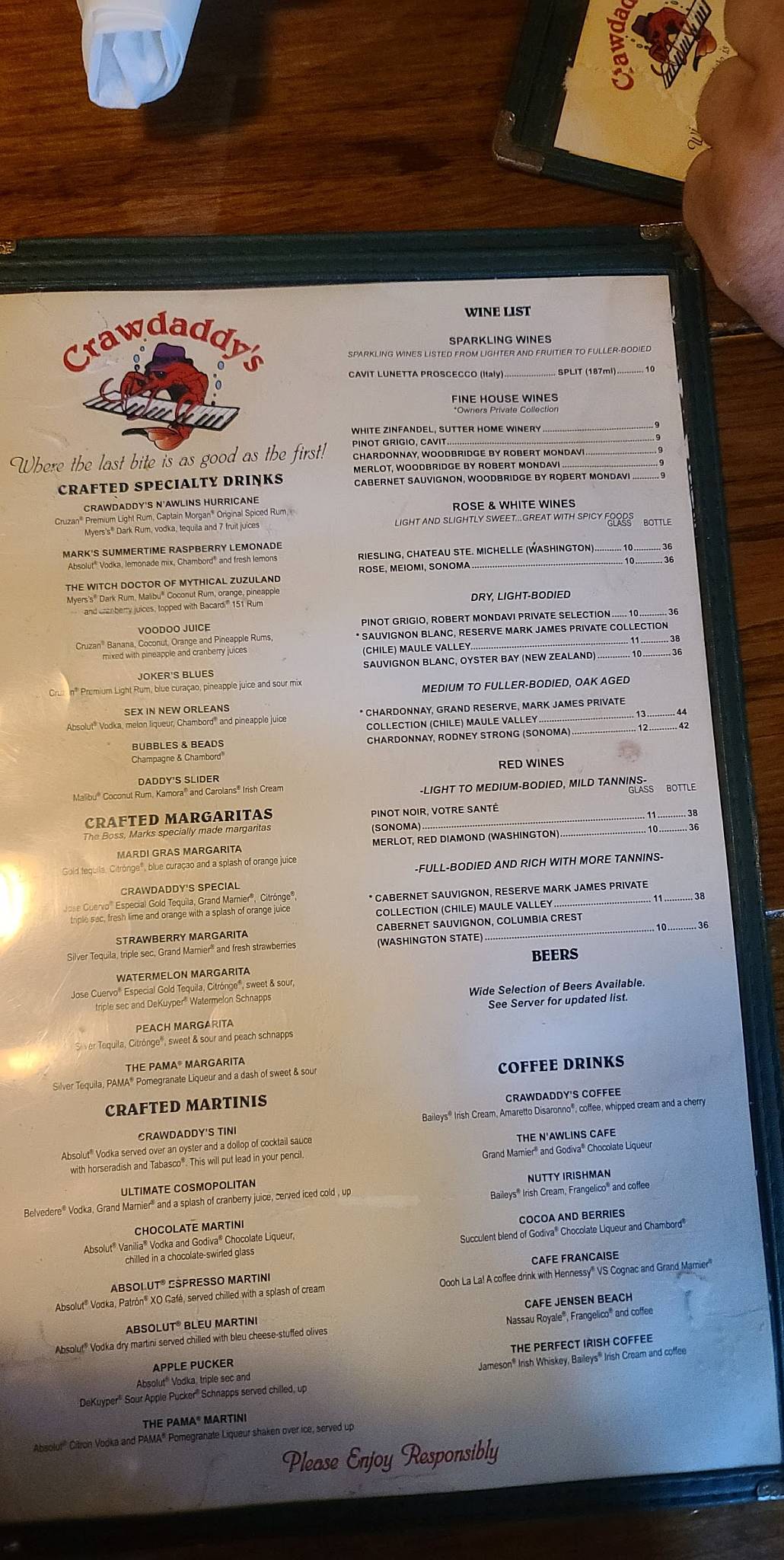 Menu at Crawdaddy's Grill and Raw Bar, Jensen Beach