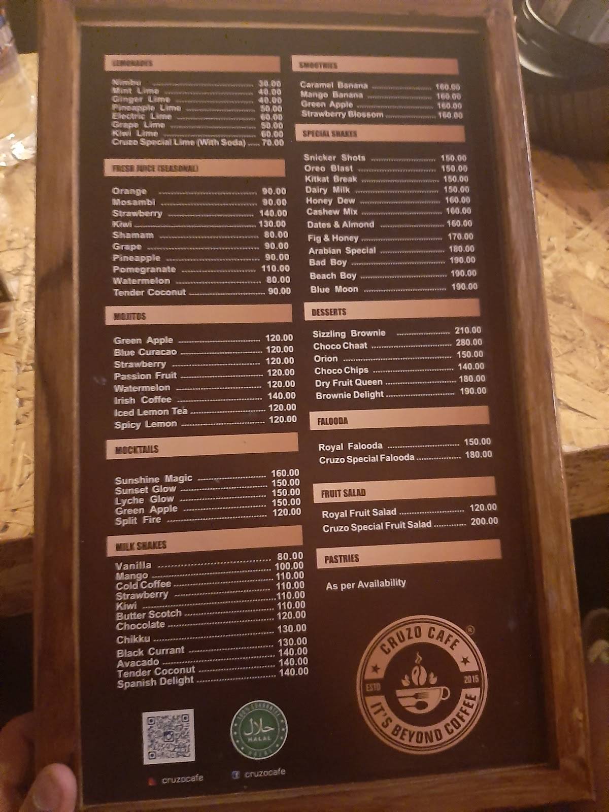 Menu at Cruzo Cafe & Grills, Palakkad, CM Center