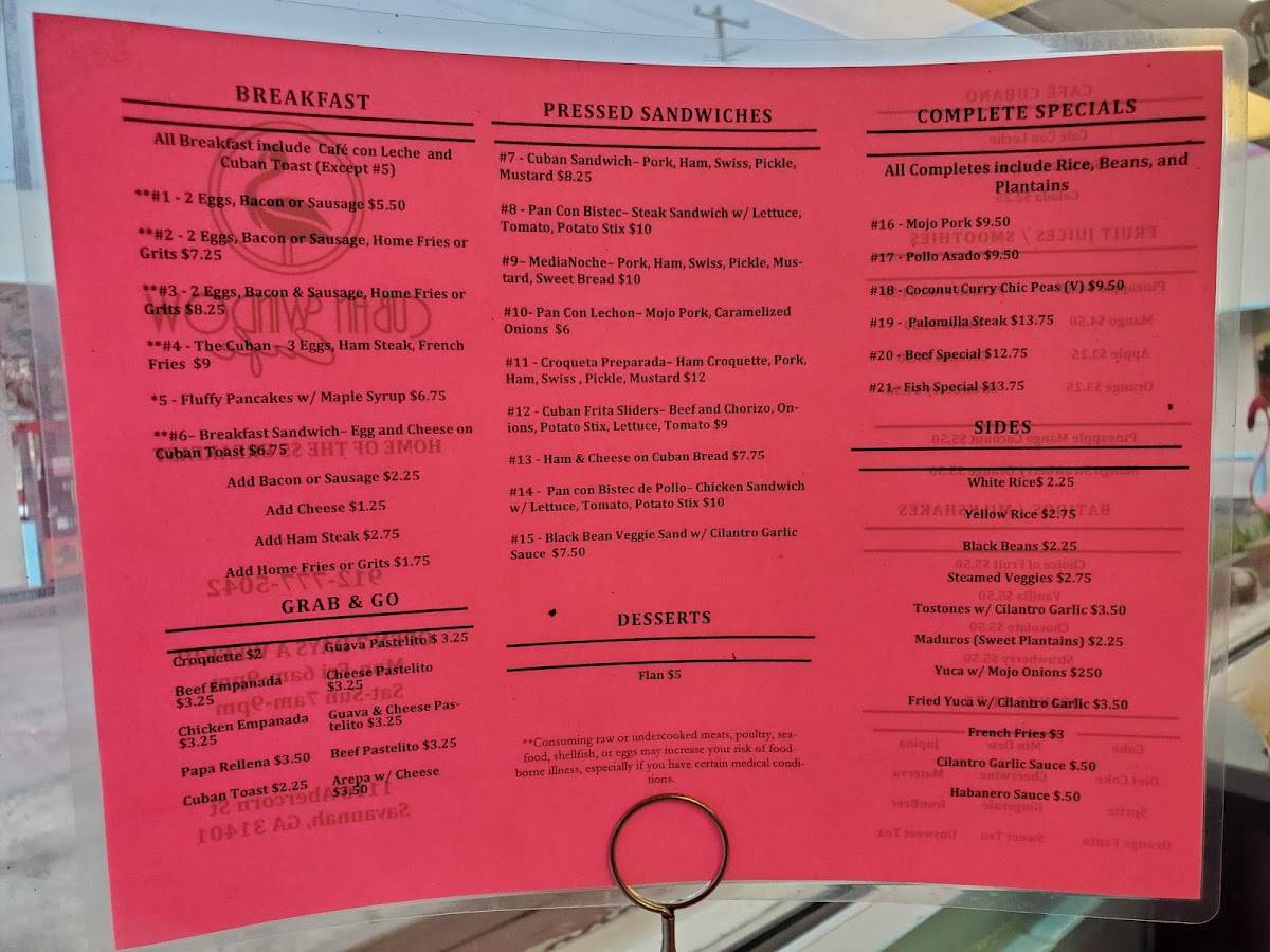 Menu at The Cuban Window restaurant, Savannah