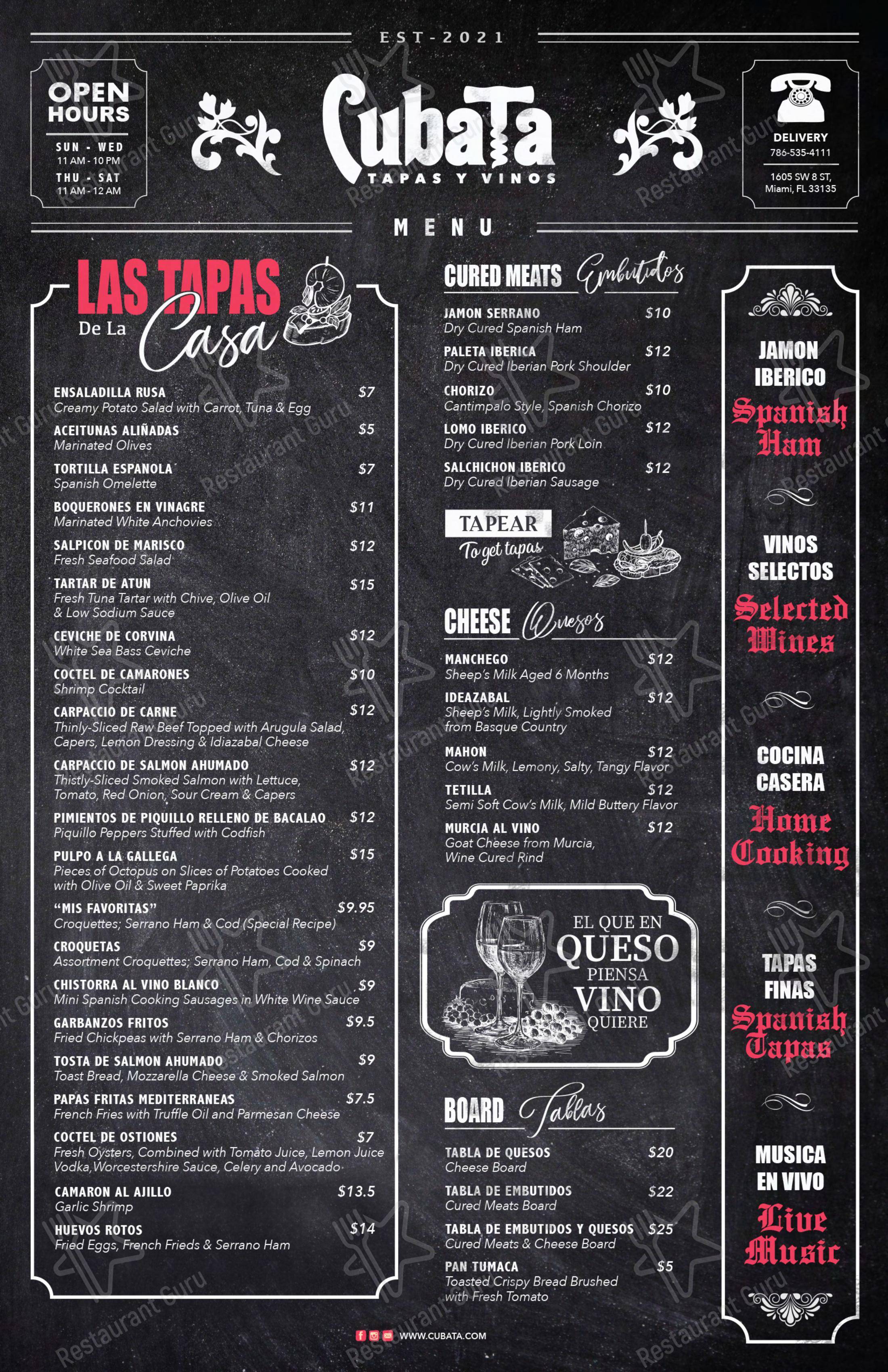 Menu at Cubata restaurant, Miami