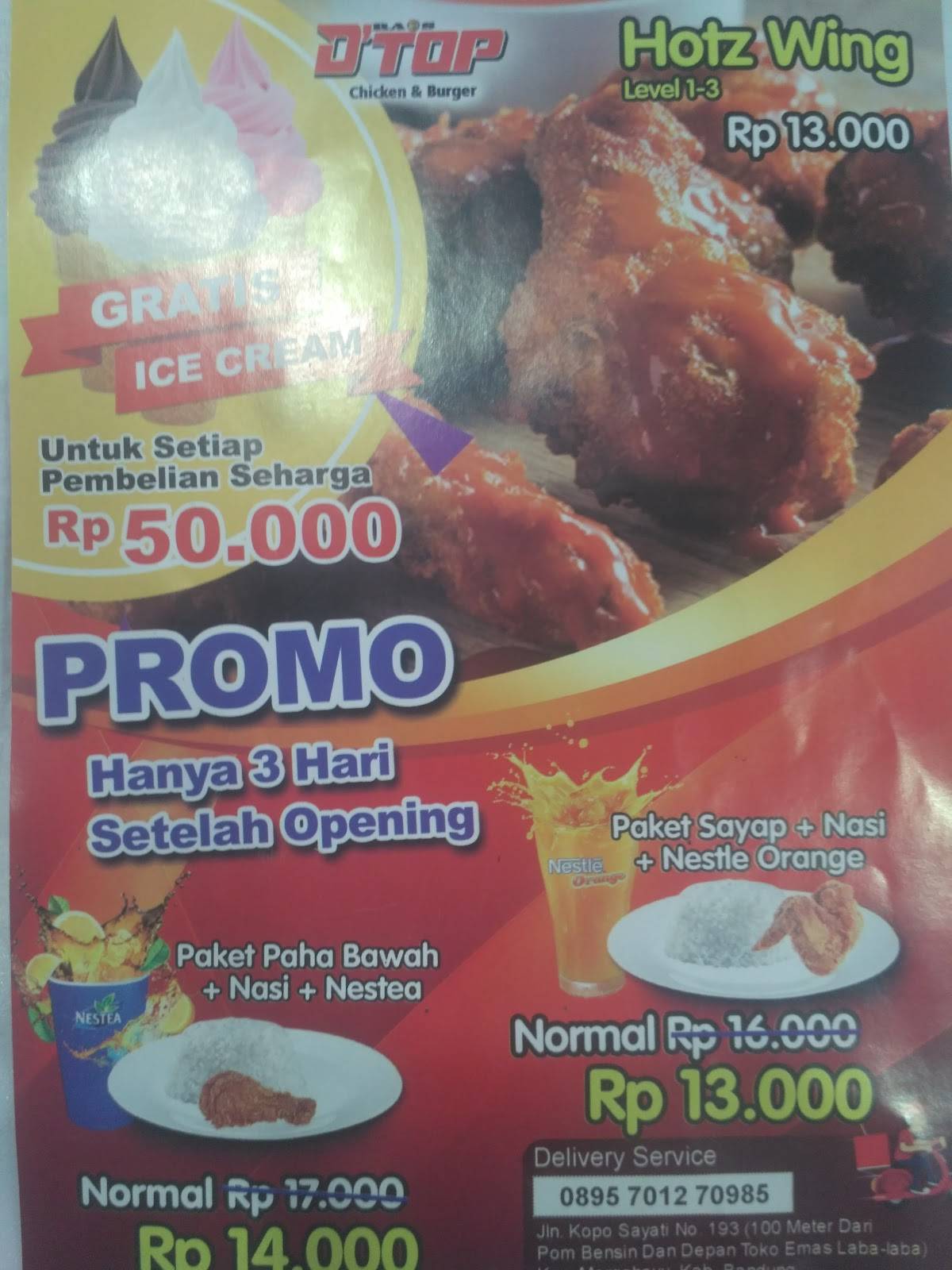 Carta del restaurante D'TOP Chicken & Burger, Bandung