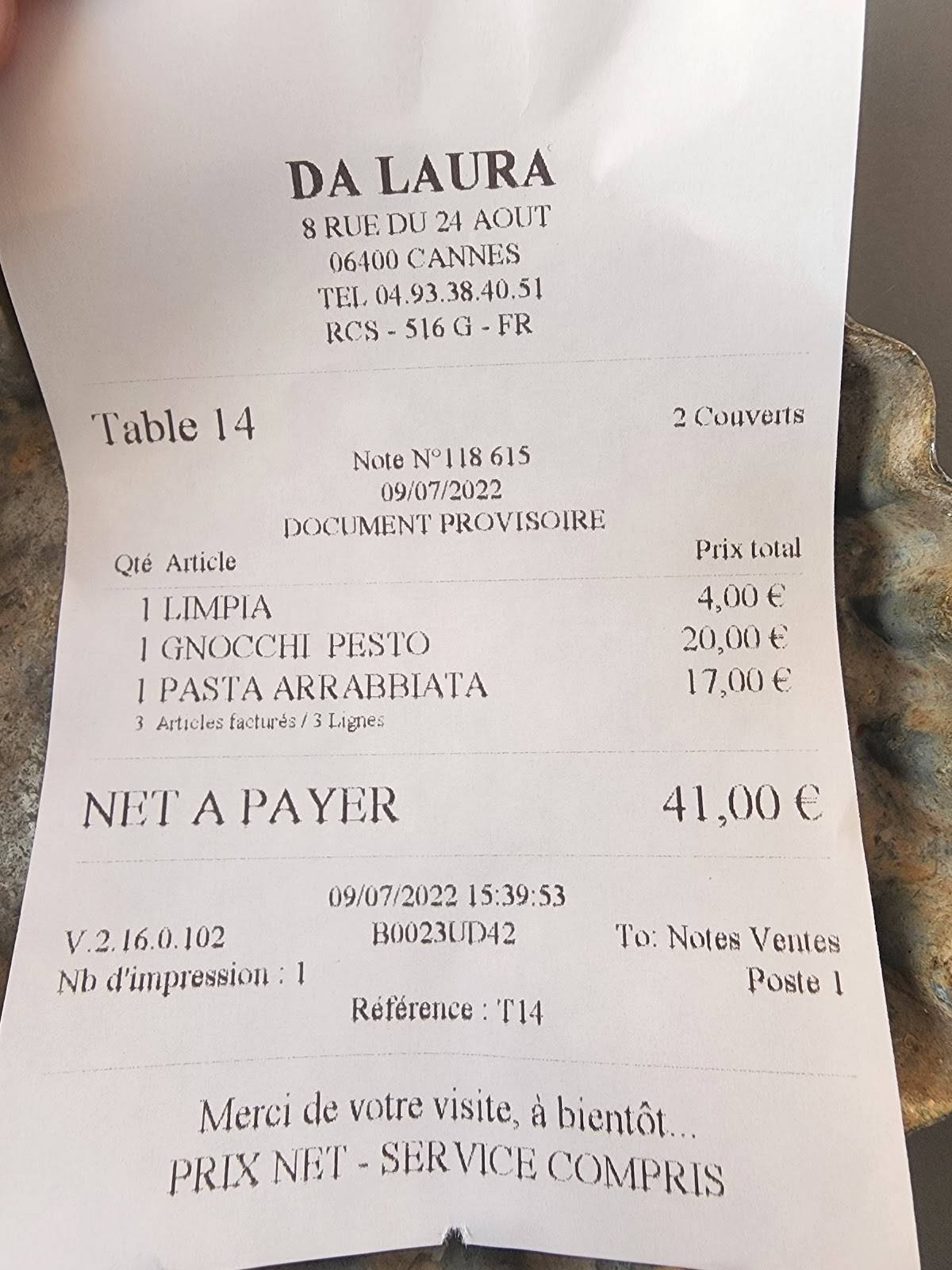 Menu at Da Laura Cannes restaurant, Cannes