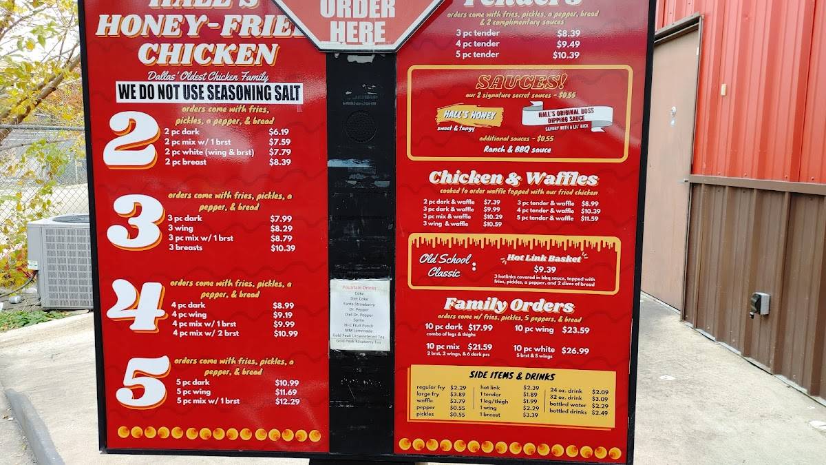 Menu at Hall's Honey-Fried Chicken restaurant, Dallas, Medical District Dr
