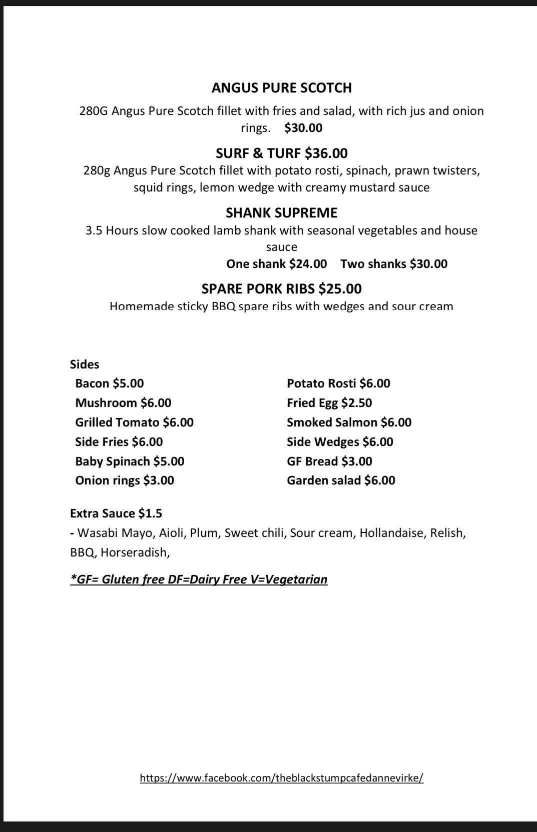 Menu at The Black Stump Cafe, Dannevirke