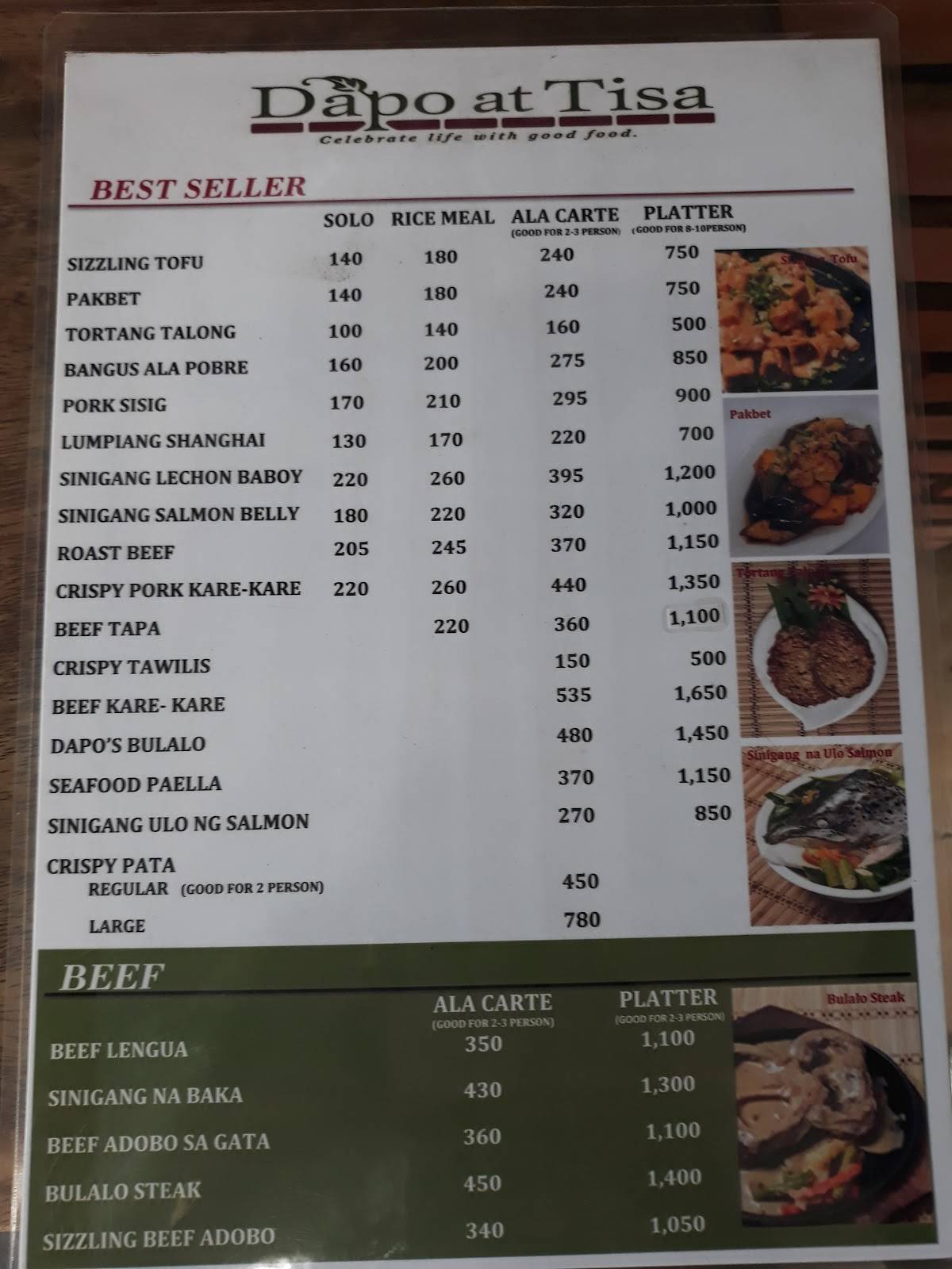 Menu at Dapo at Tisa restaurant, Quezon City, 59 Regalado Ave
