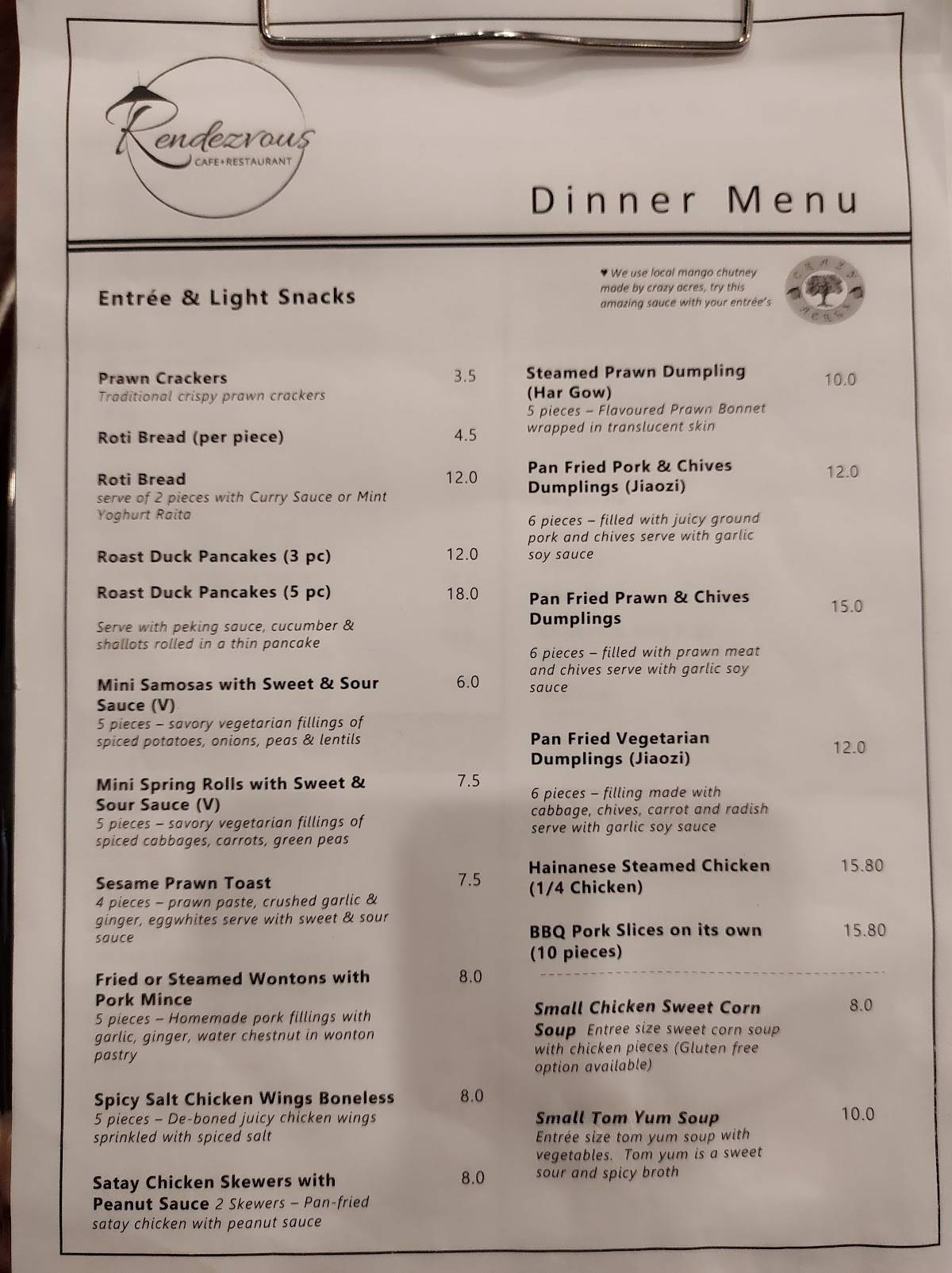 Menu at Rendezvous Cafe, Darwin City