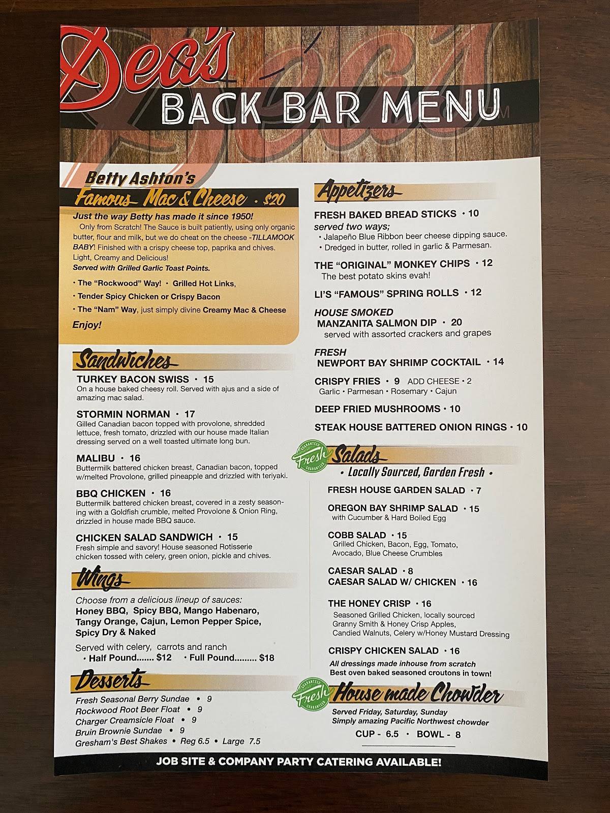 Menu at Dea's In & Out restaurant, Gresham