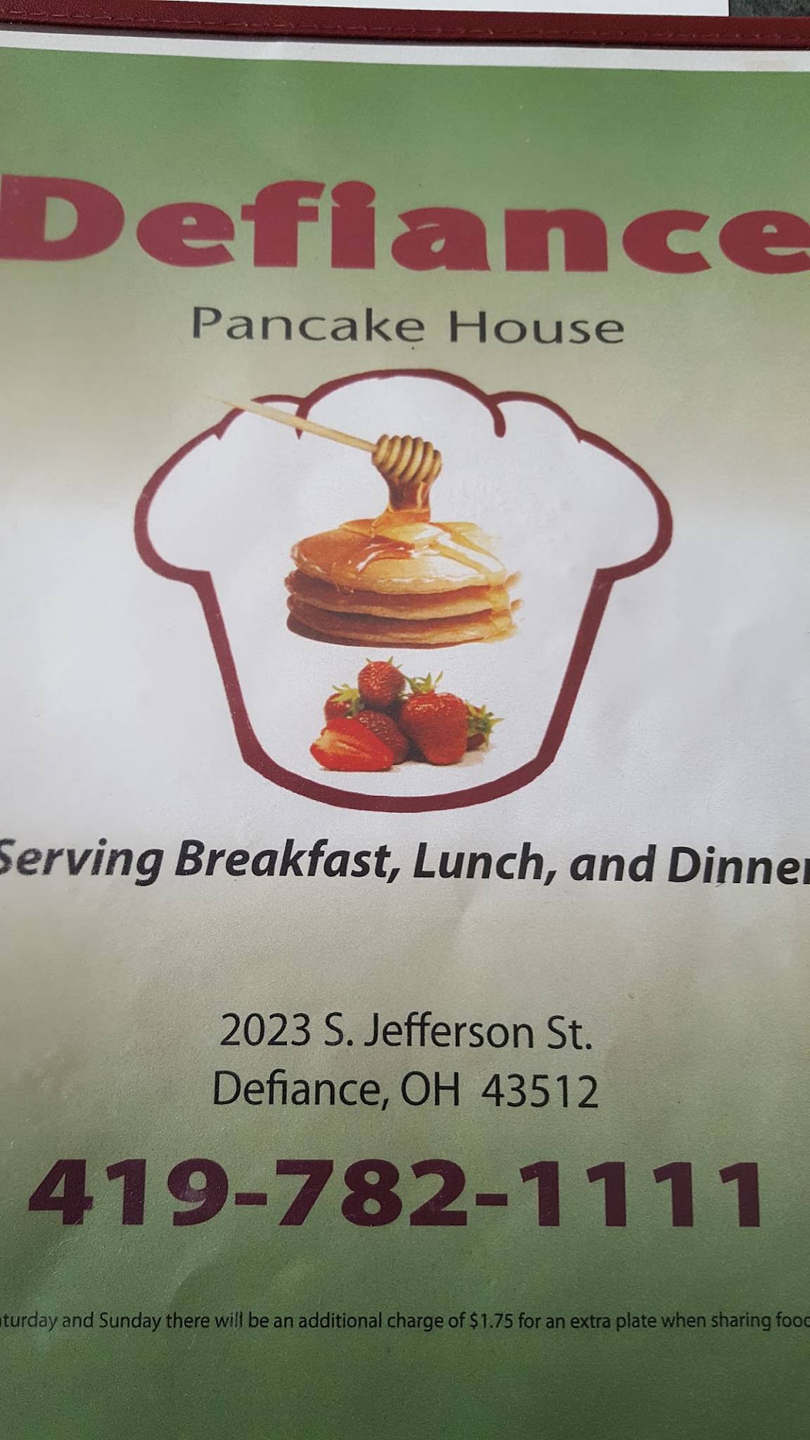 Menu at Defiance Pancake House restaurant, Defiance