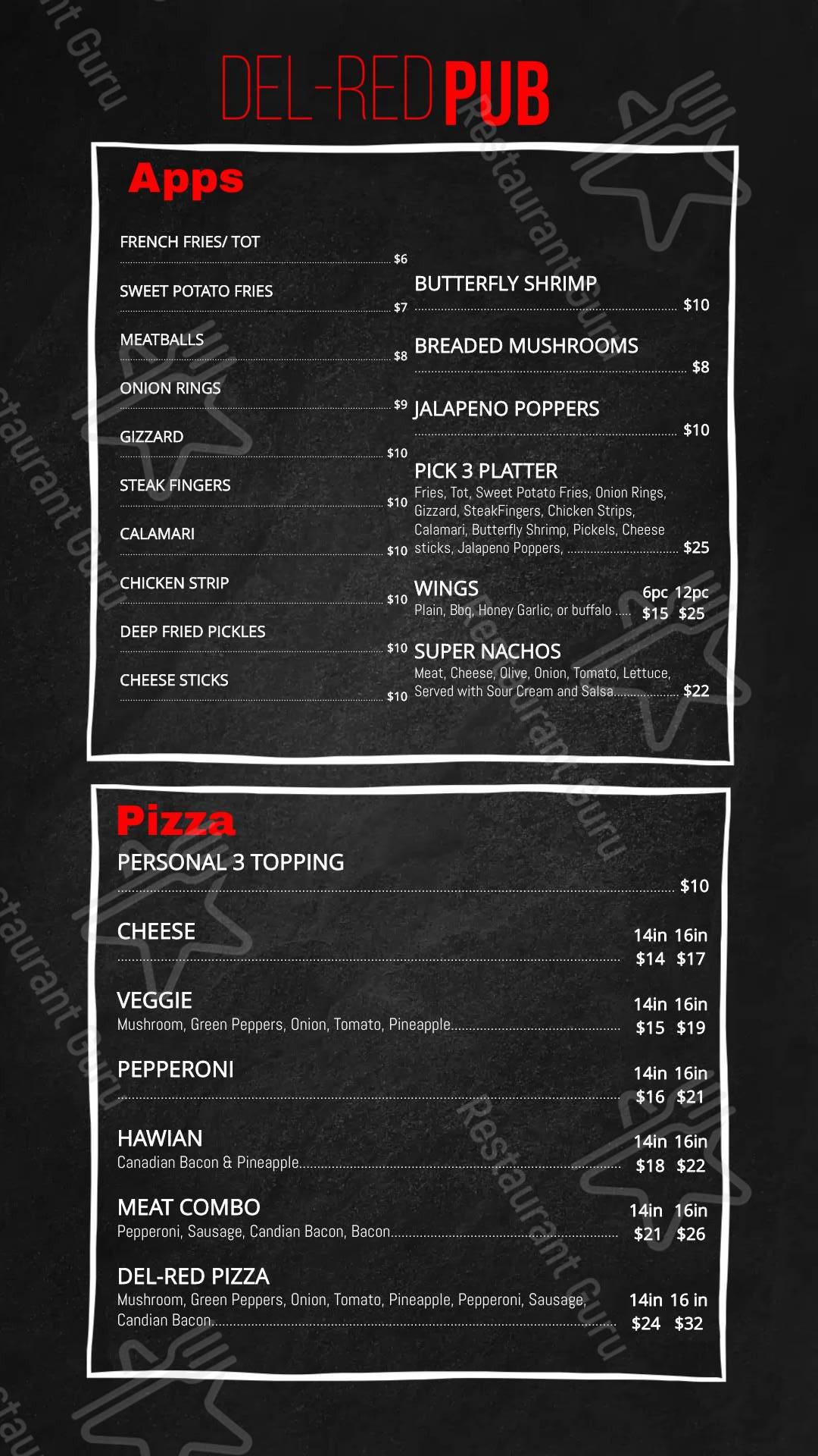 Menu at Del-Red Pub, Soap Lake