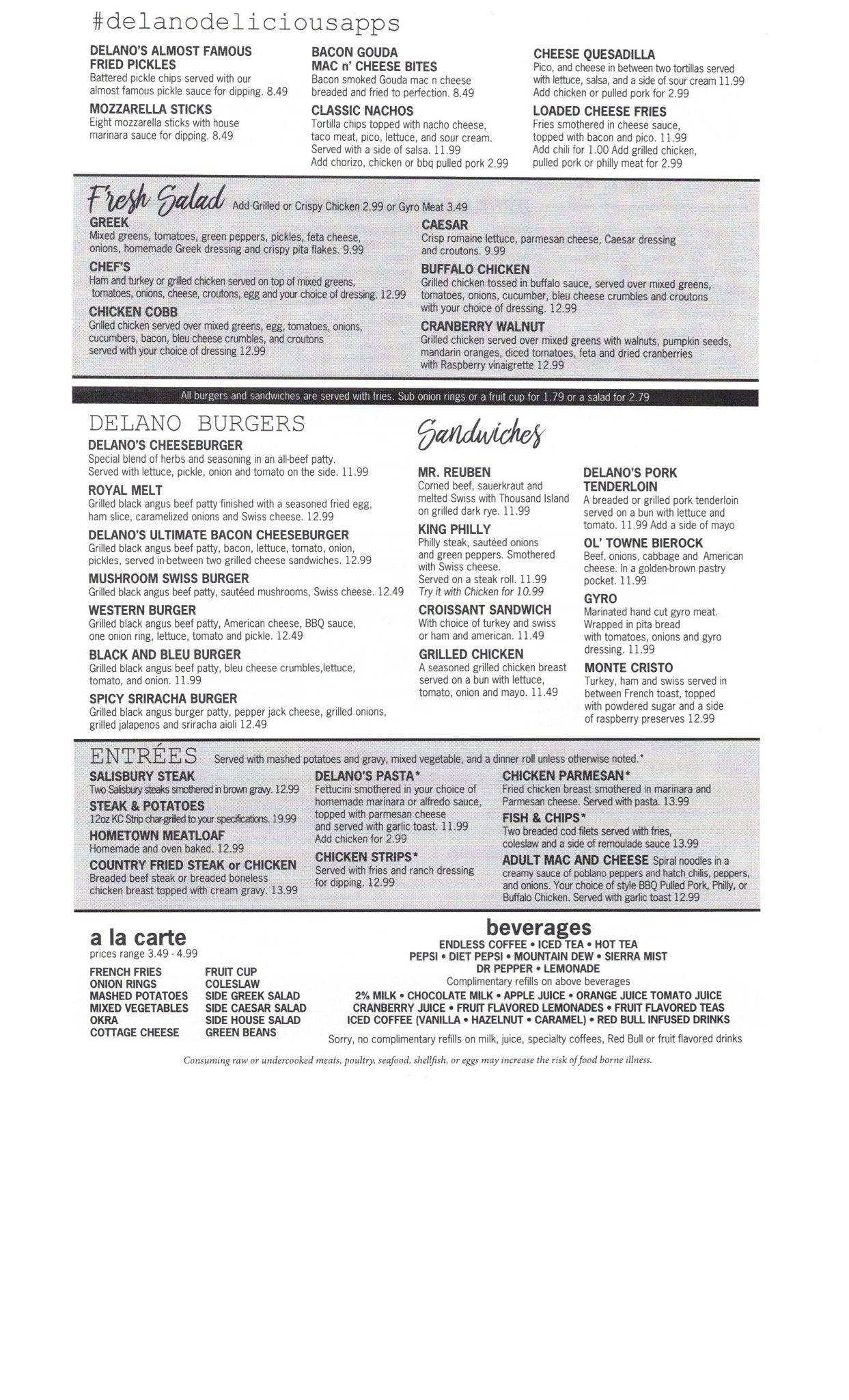 Menu at Delano's Diner restaurant, Wichita