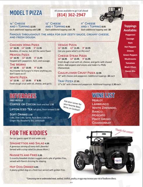 Menu at Model T Inn pub & bar, Derrick City, 555 Derrick Rd