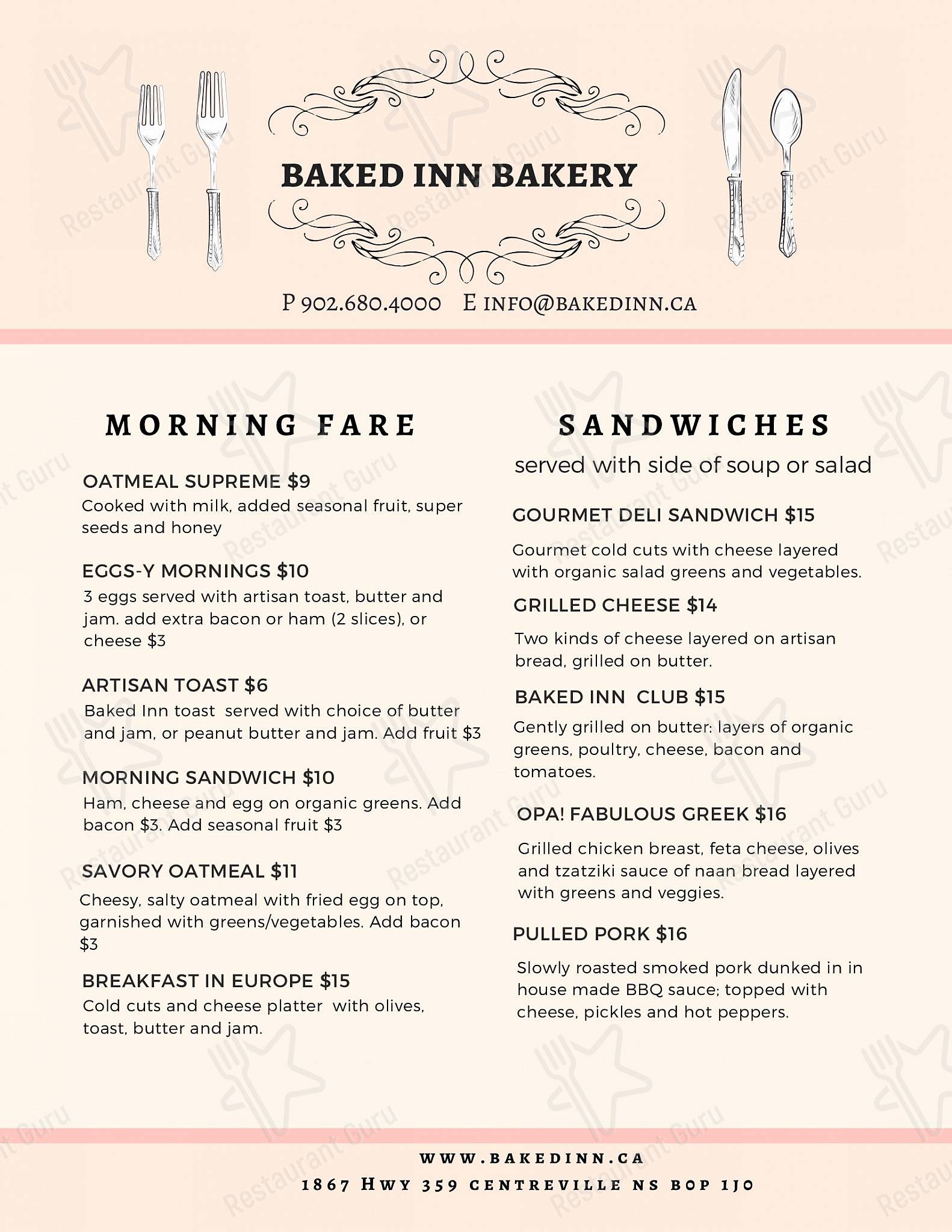 Menu at Baked Inn Bakery & Eatery, Centreville
