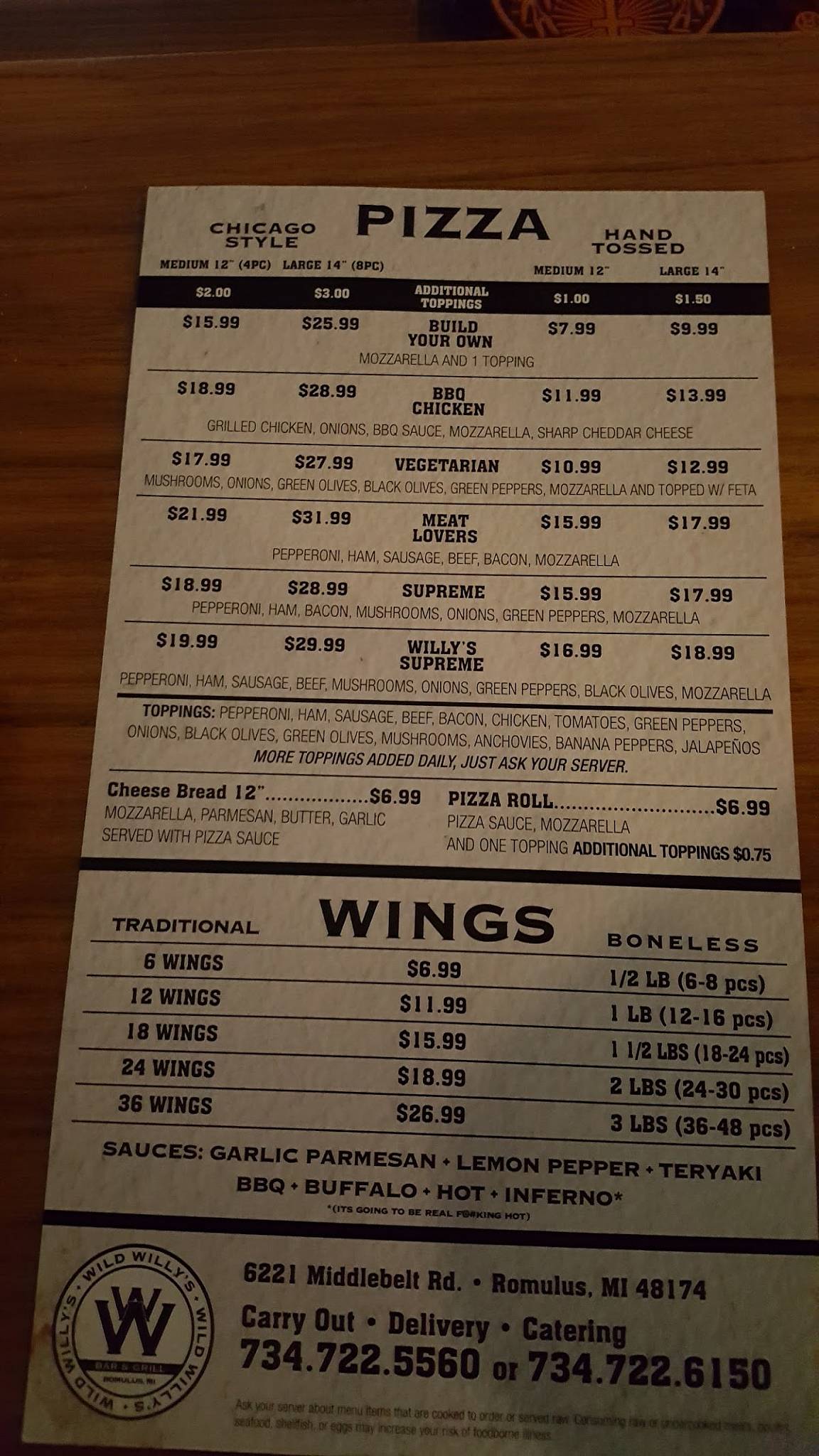 Menu at Wild Willy's Bar & Grill, Romulus