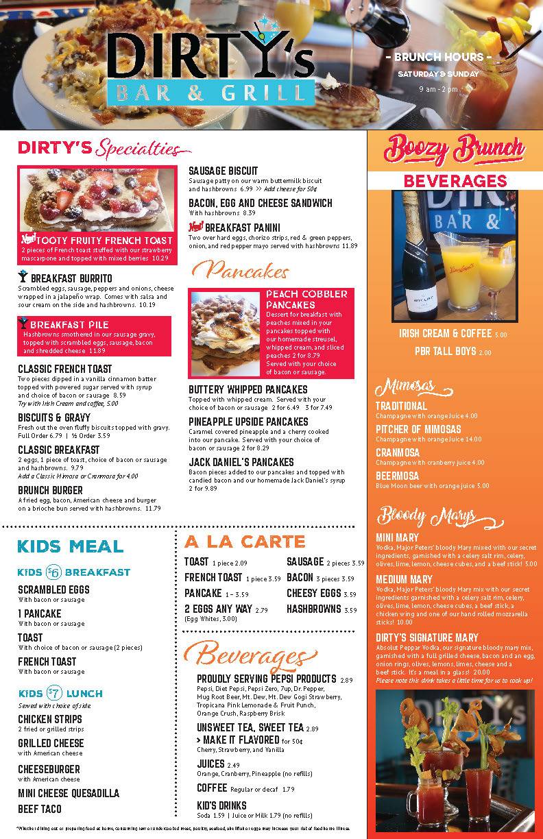 Menu at Dirty's Bar & Grill, Charleston