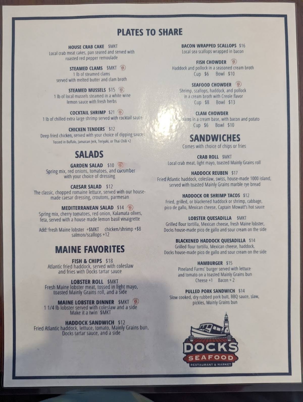 Menu at Docks Seafood restaurant, South Portland