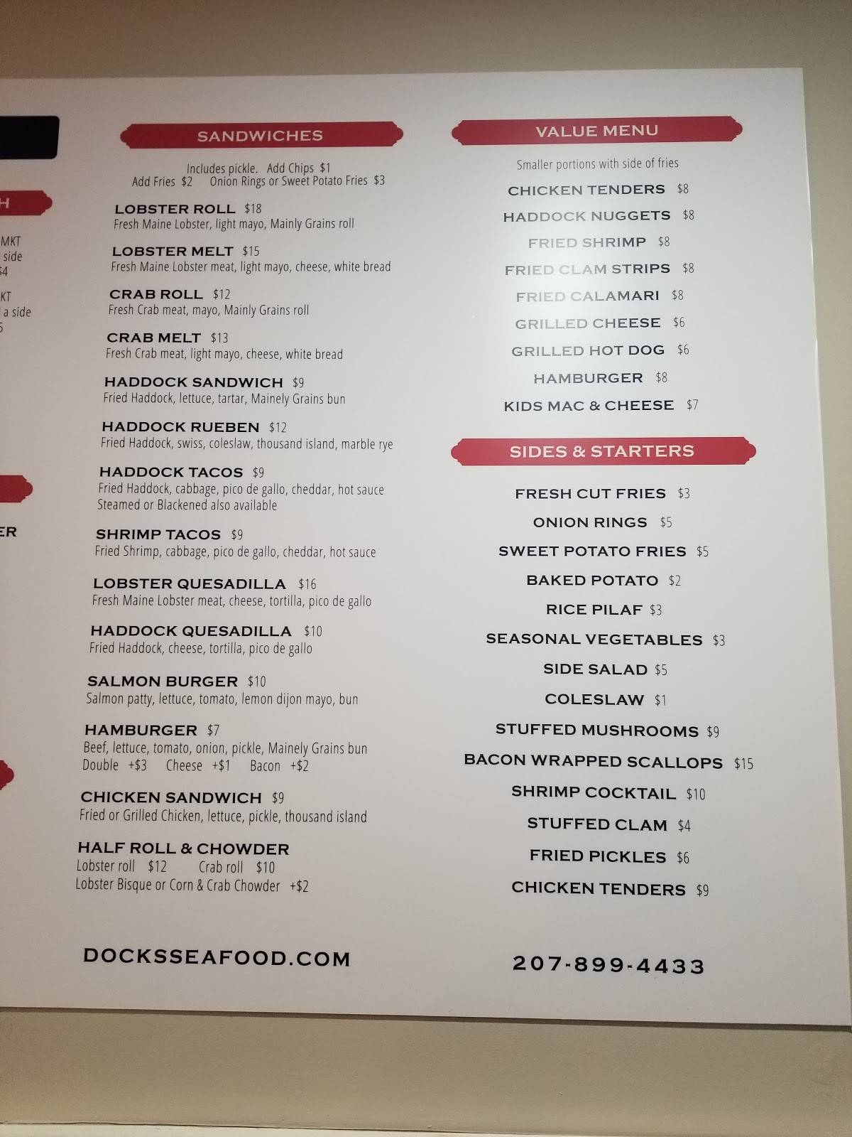 Menu at Docks Seafood restaurant, South Portland