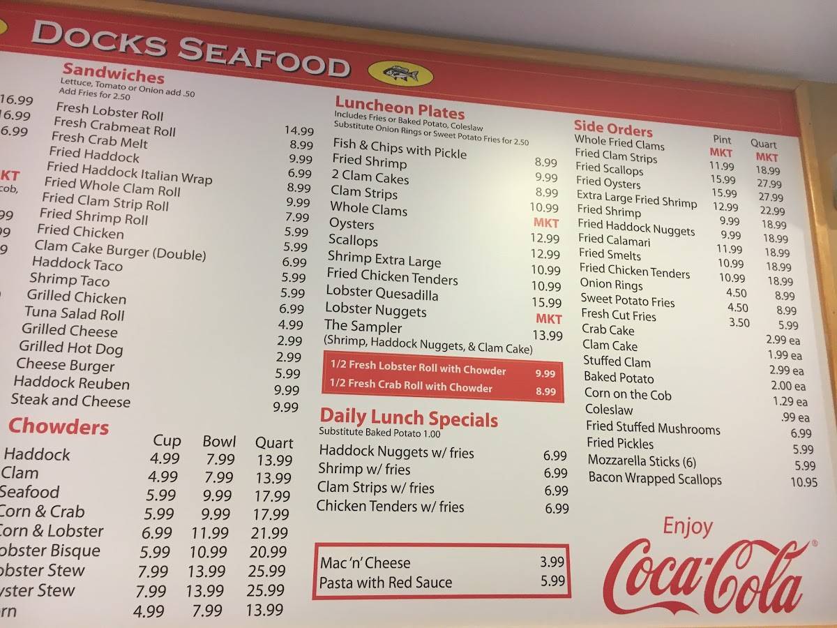 Menu at Docks Seafood restaurant, South Portland