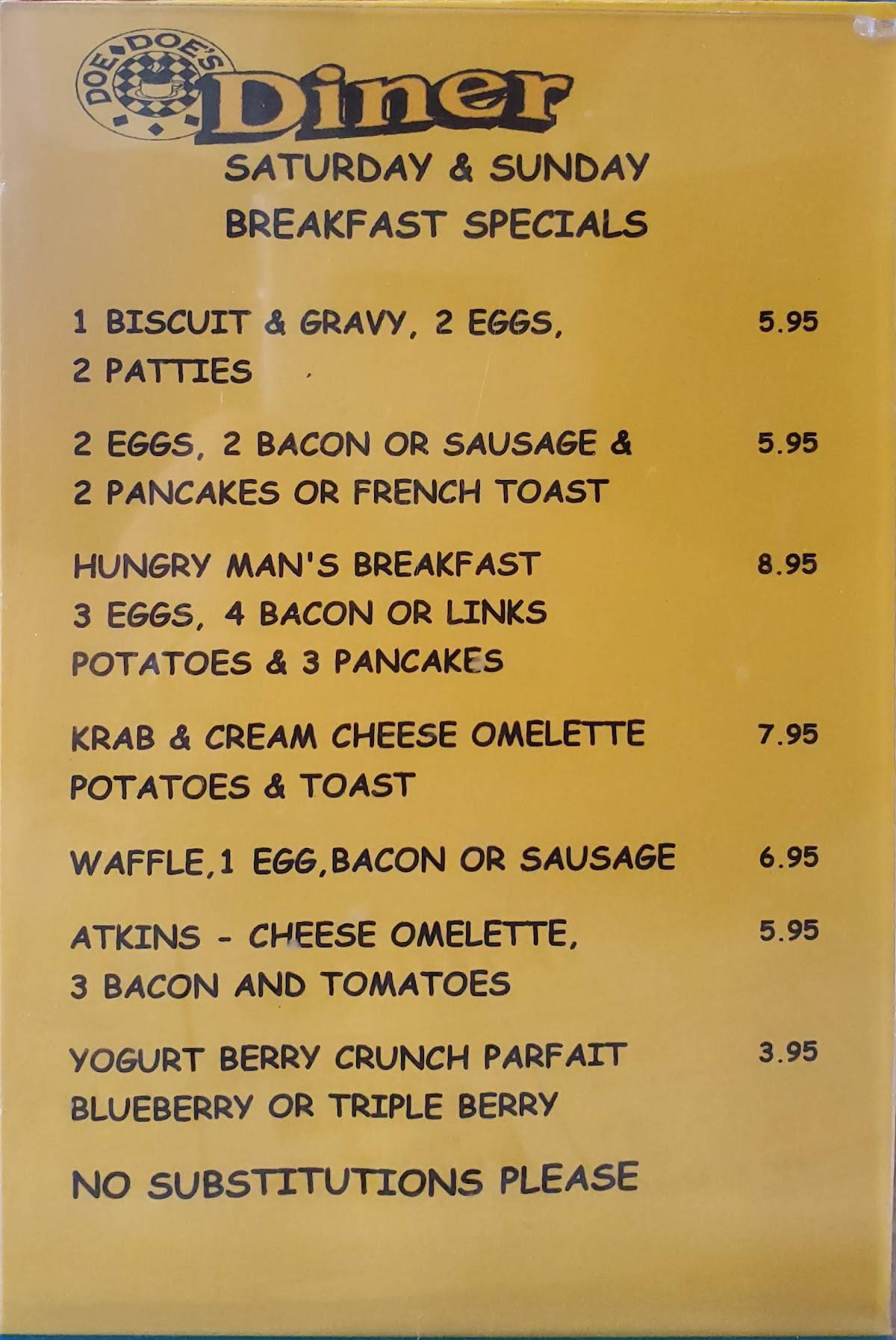 Menu at Doe Doe's Diner restaurant, Seminole