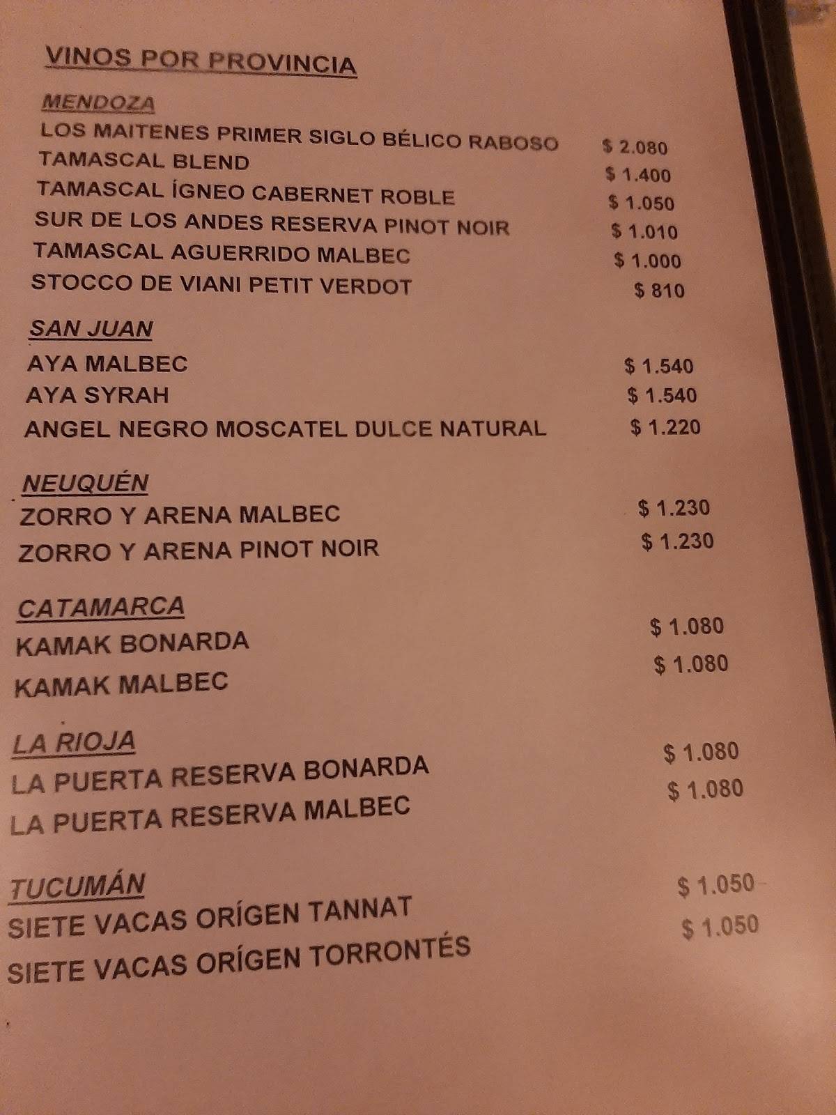 Carta del restaurante Don Zoilo, Buenos Aires