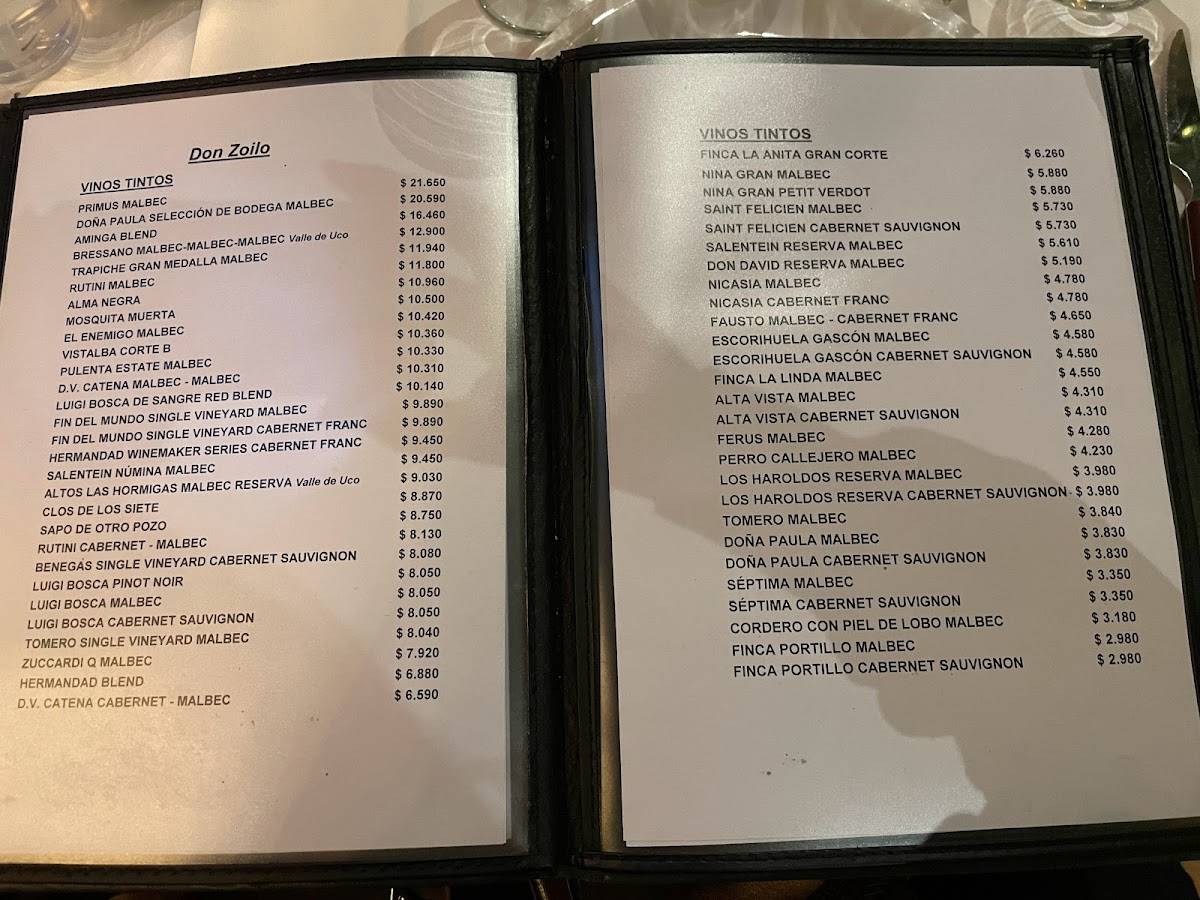 Carta del restaurante Don Zoilo, Buenos Aires