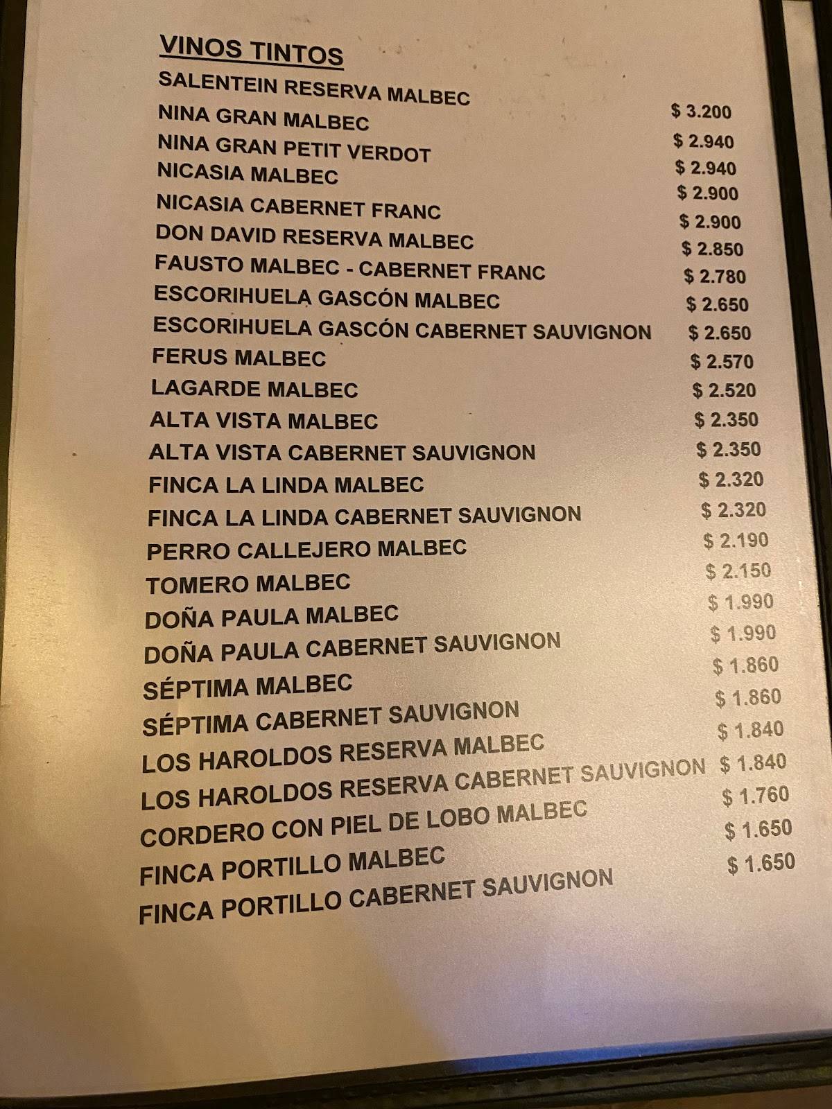 Carta del restaurante Don Zoilo, Buenos Aires
