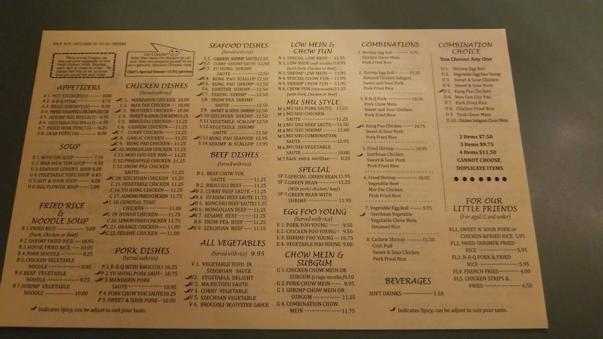 Menu at Dragon Chinese Kitchen restaurant, Lyons