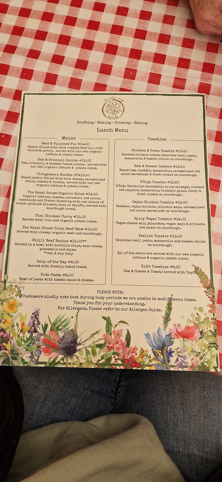 Menu at The Hazel House cafe, Dublin