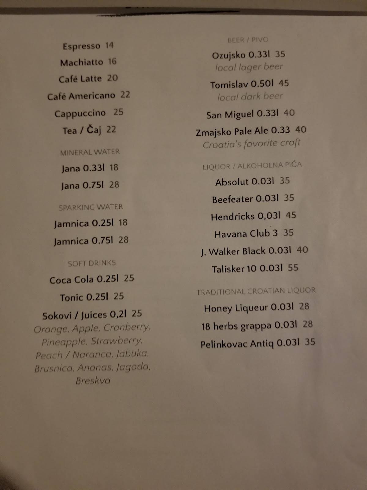Menu at Azur restaurant, Dubrovnik