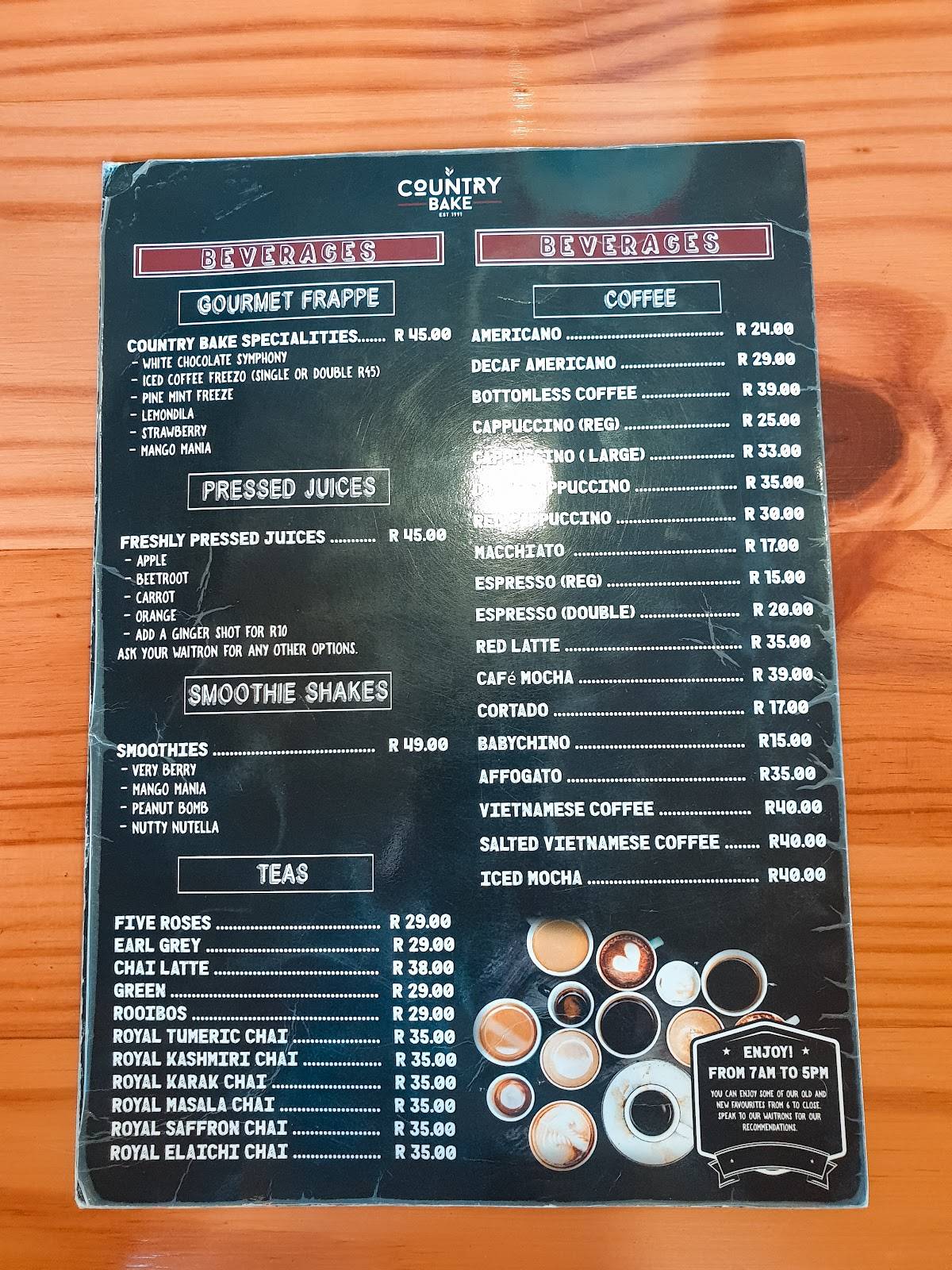 Menu at Country Bake restaurant, Durban, 185 Musgrave Rd