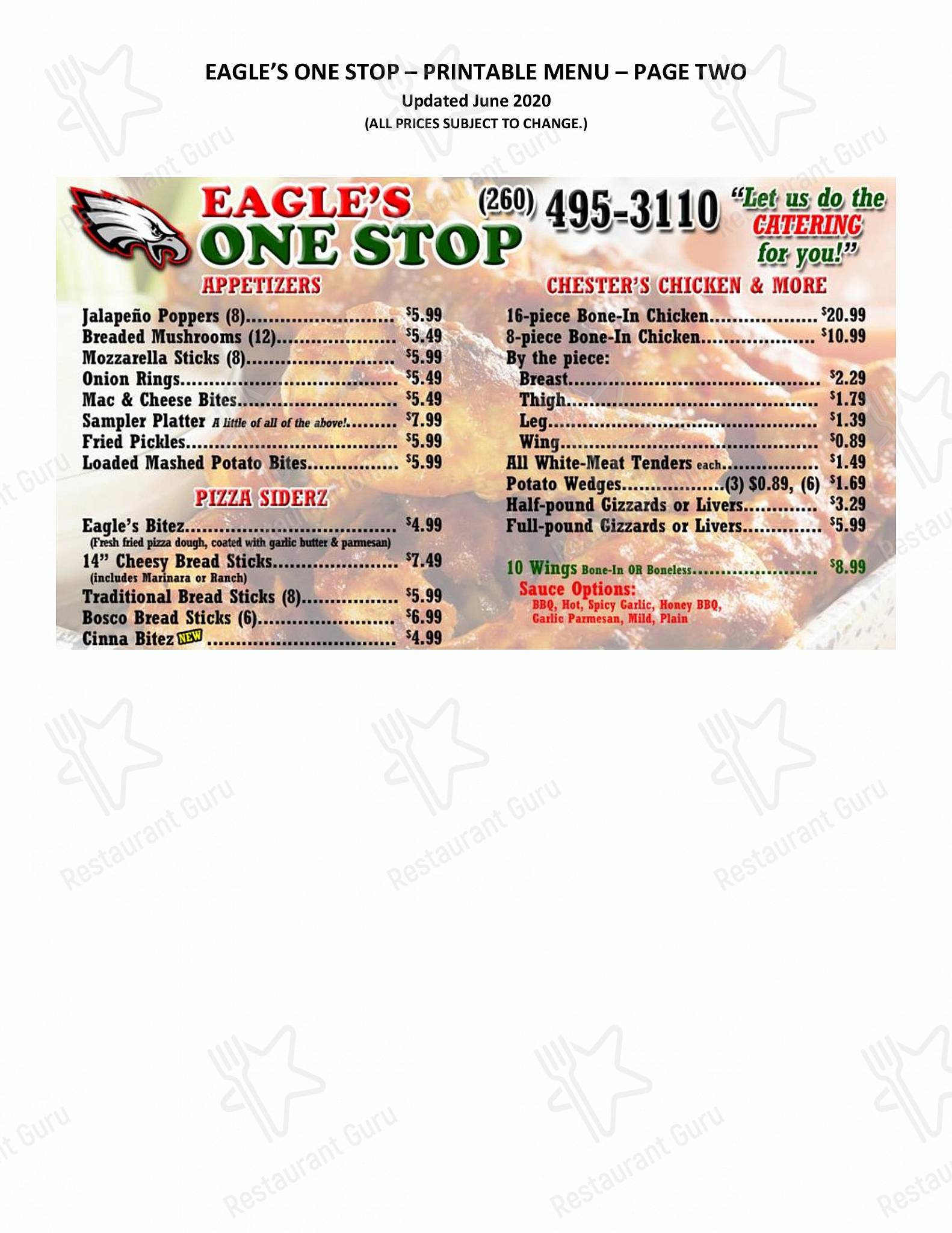 Menu at EAGLE'S ONE STOP PIZZA pizzeria, Fremont
