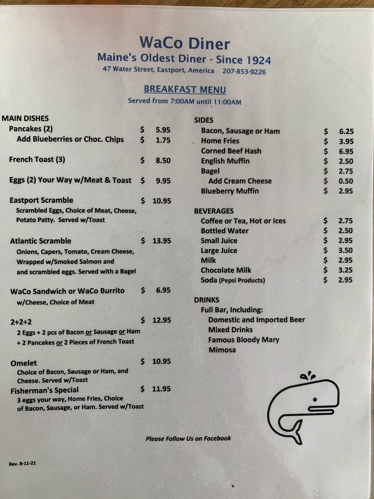 Menu at WaCo Diner restaurant, Eastport