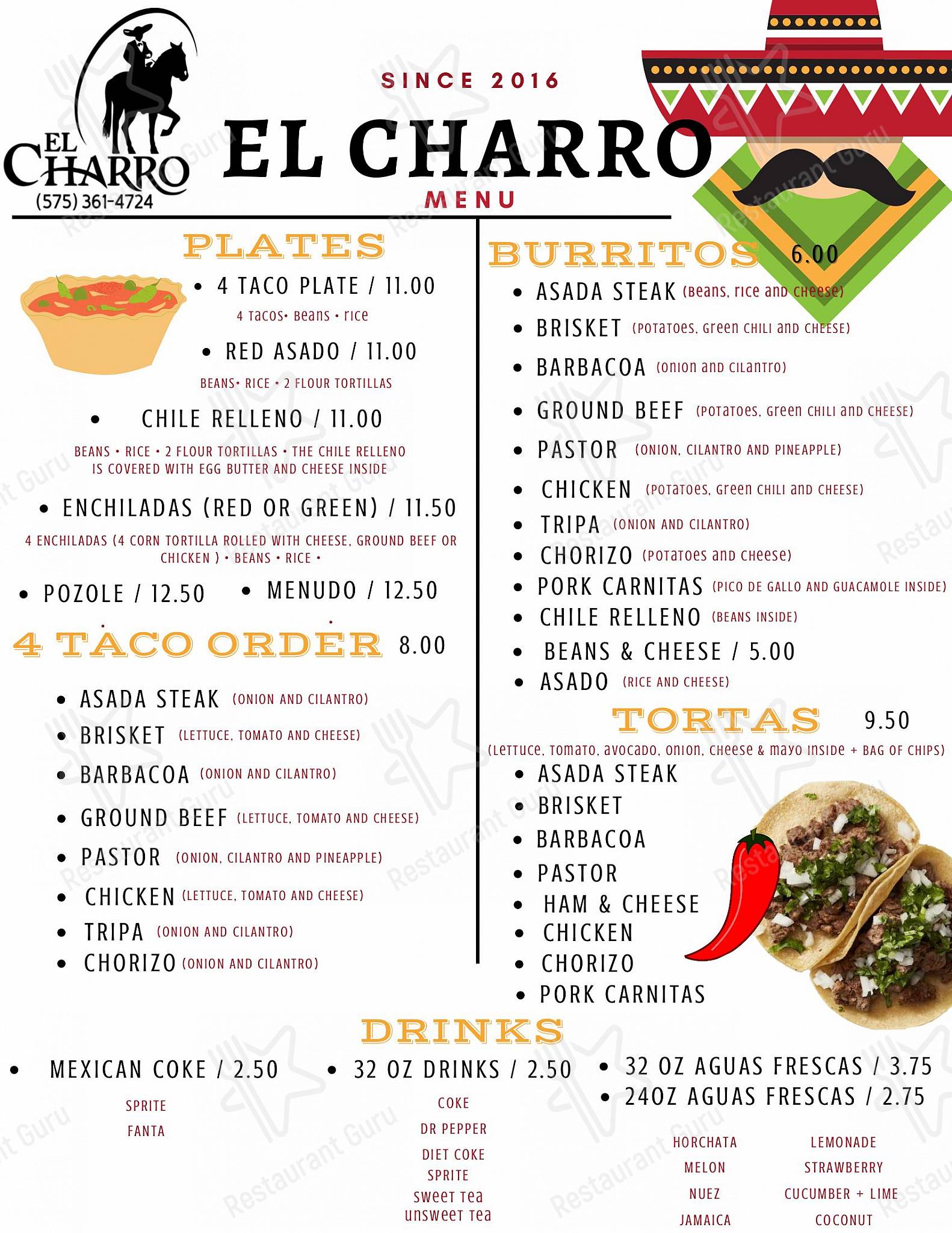 Menu at El Charro restaurant, Carlsbad
