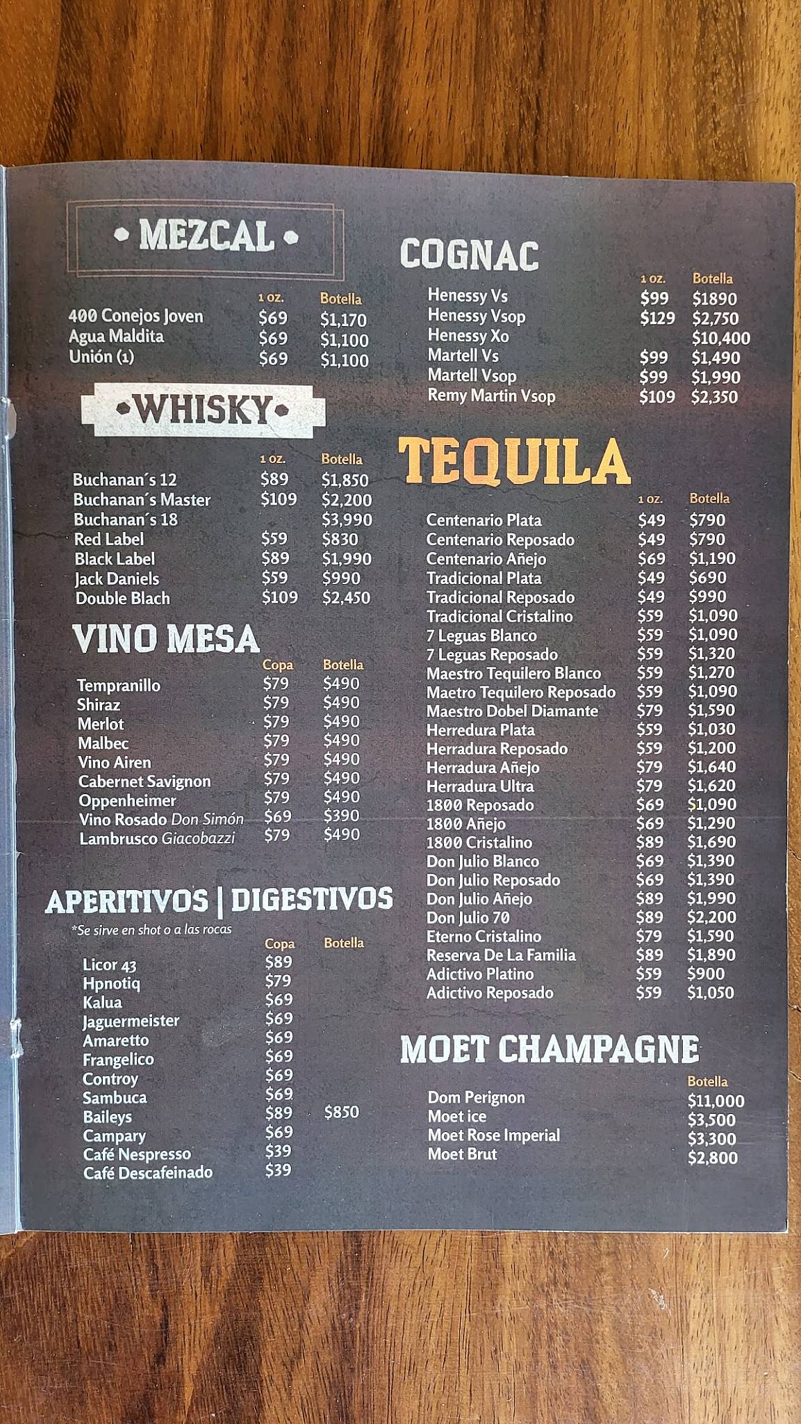 Carta del restaurante El Elefante del piedra, Ameca