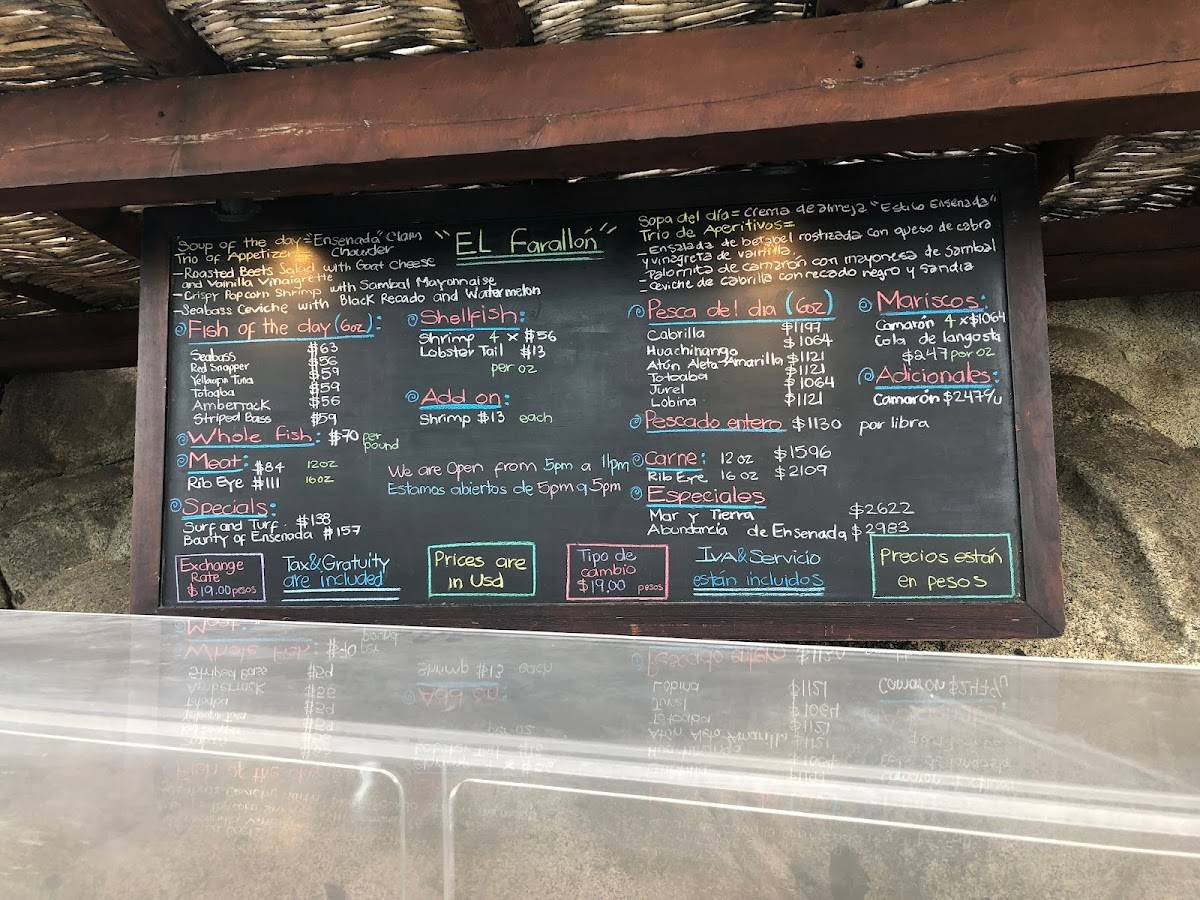 Menu at El Farallon restaurant, Cabo San Lucas, Cam. del Mar 1