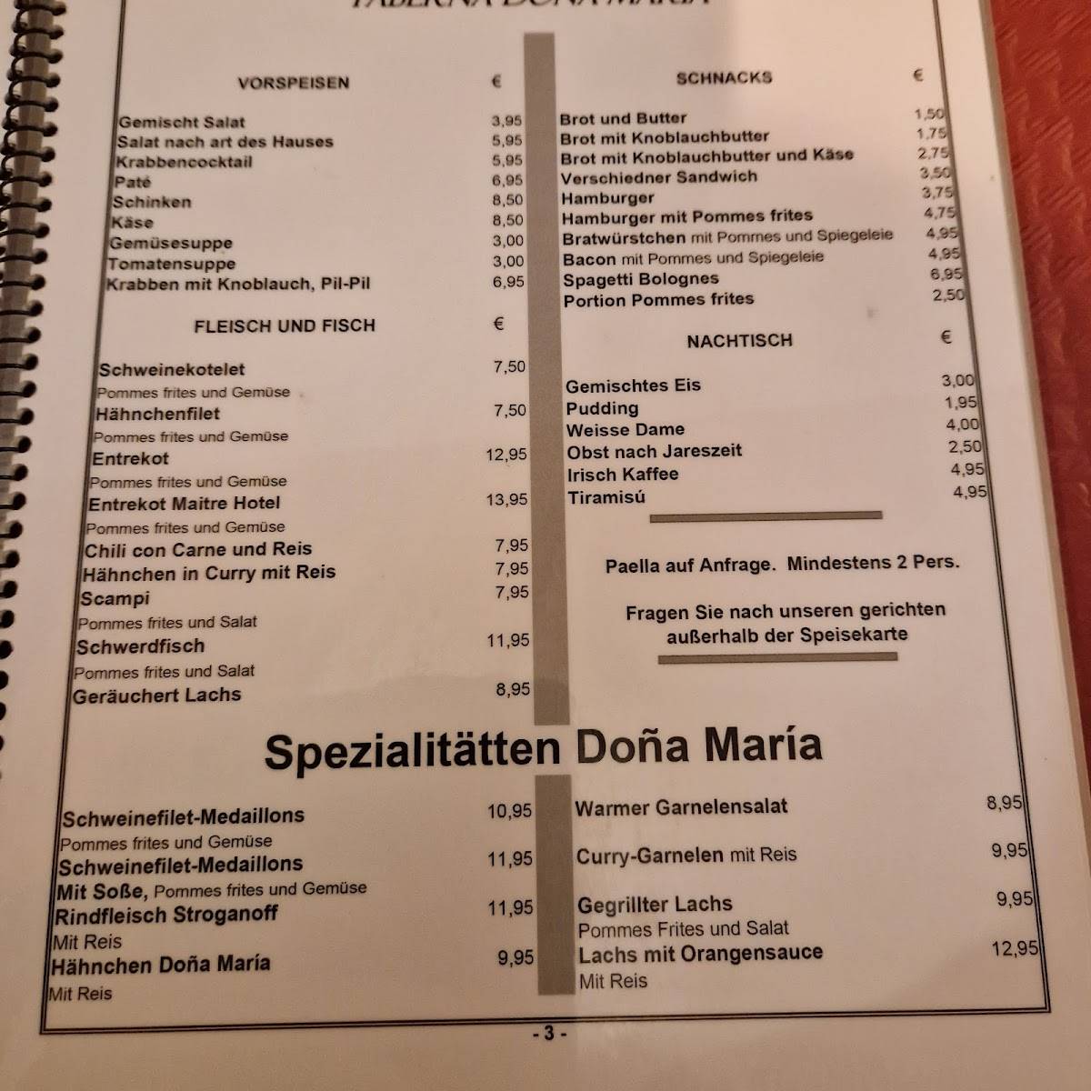 Menu at Restaurante Doña María, Las Lagunas de Mijas
