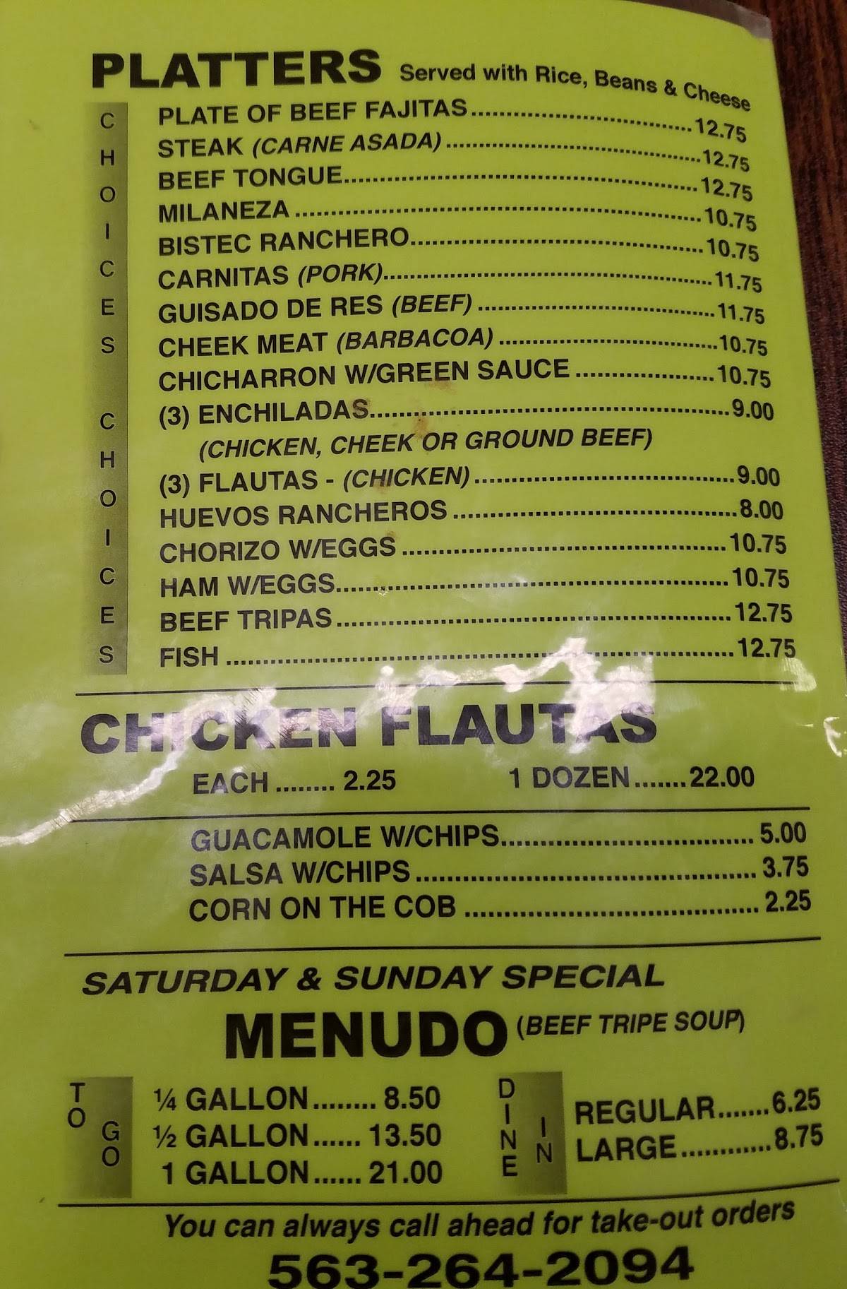 Menu at El Olmito Mexican Grocery restaurant, Muscatine