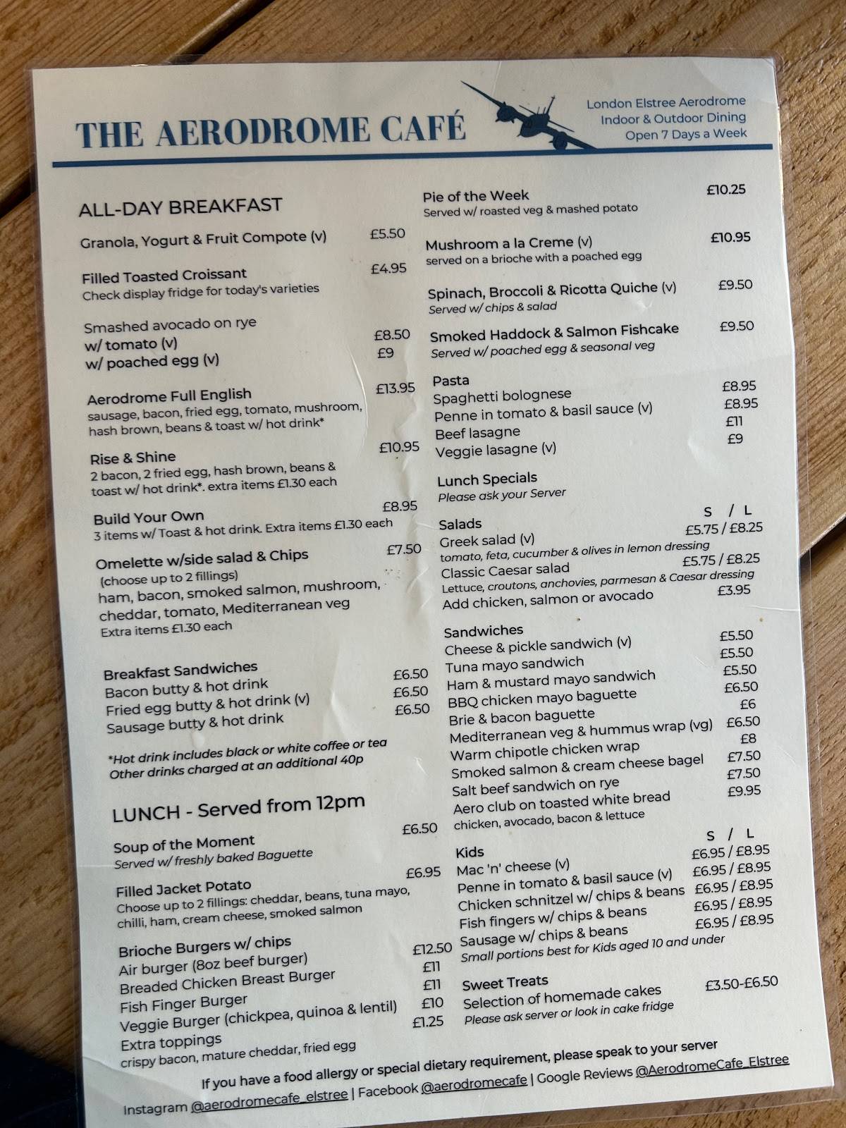 Menu at The Aerodrome Café cafe, London