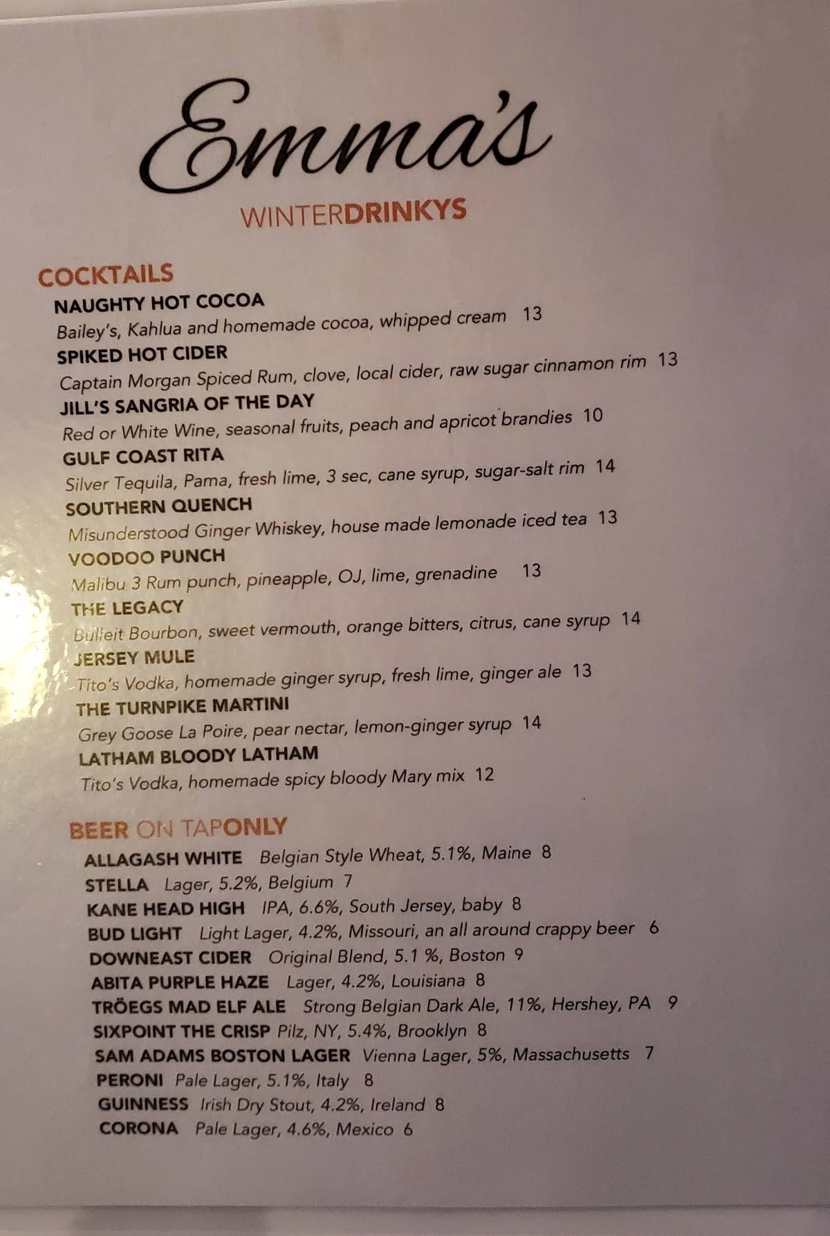 Menu at Emma's pub & bar, Jersey City, 4 Path Plaza
