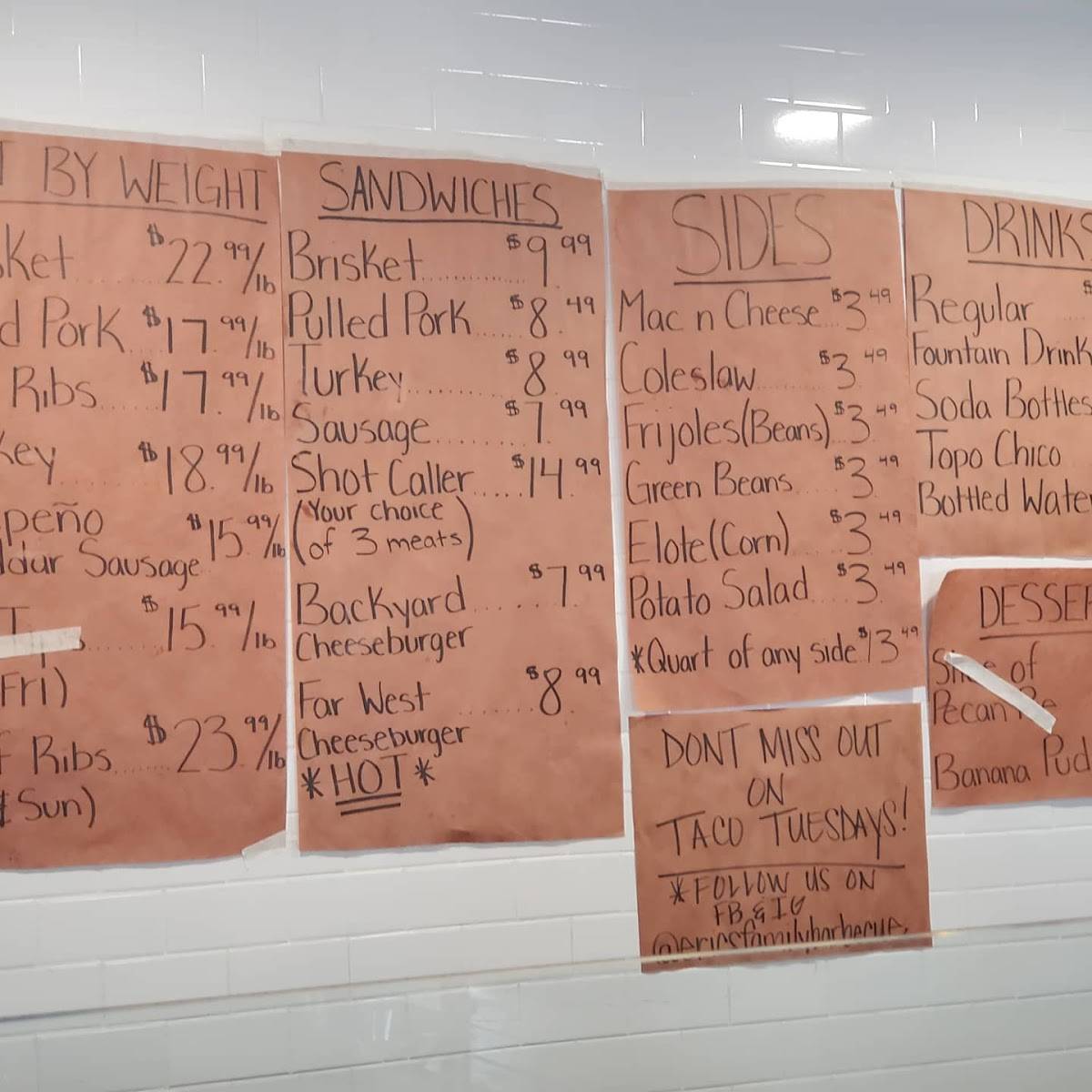 Menu at Eric's Family Barbecue, Avondale