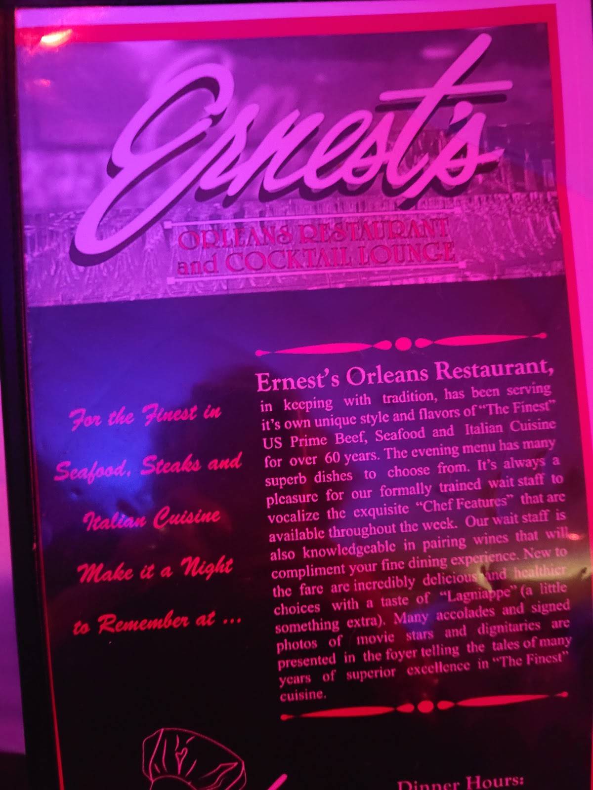Menu at Ernest's Orleans Restaurant & Cocktail Lounge, Shreveport
