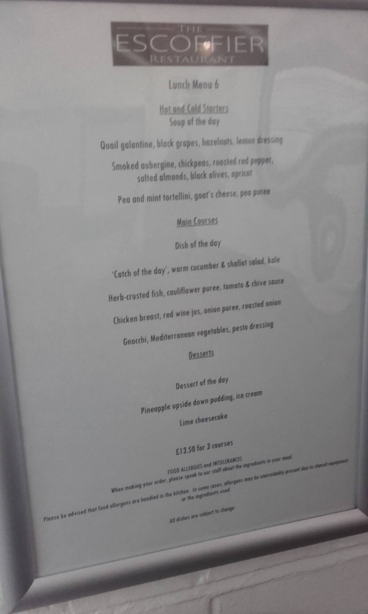 Menu at Escoffier Restaurant, Bournemouth