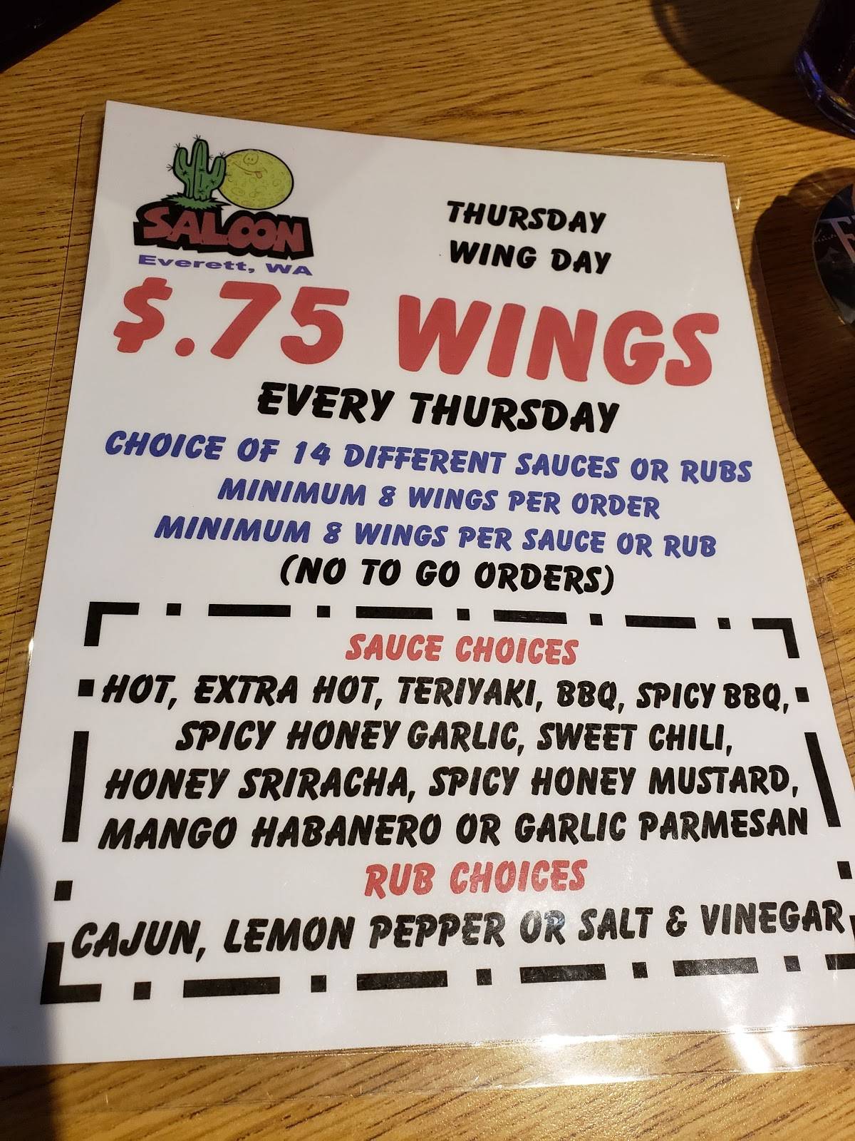 Menu at Cactus Moon Saloon pub & bar, Everett
